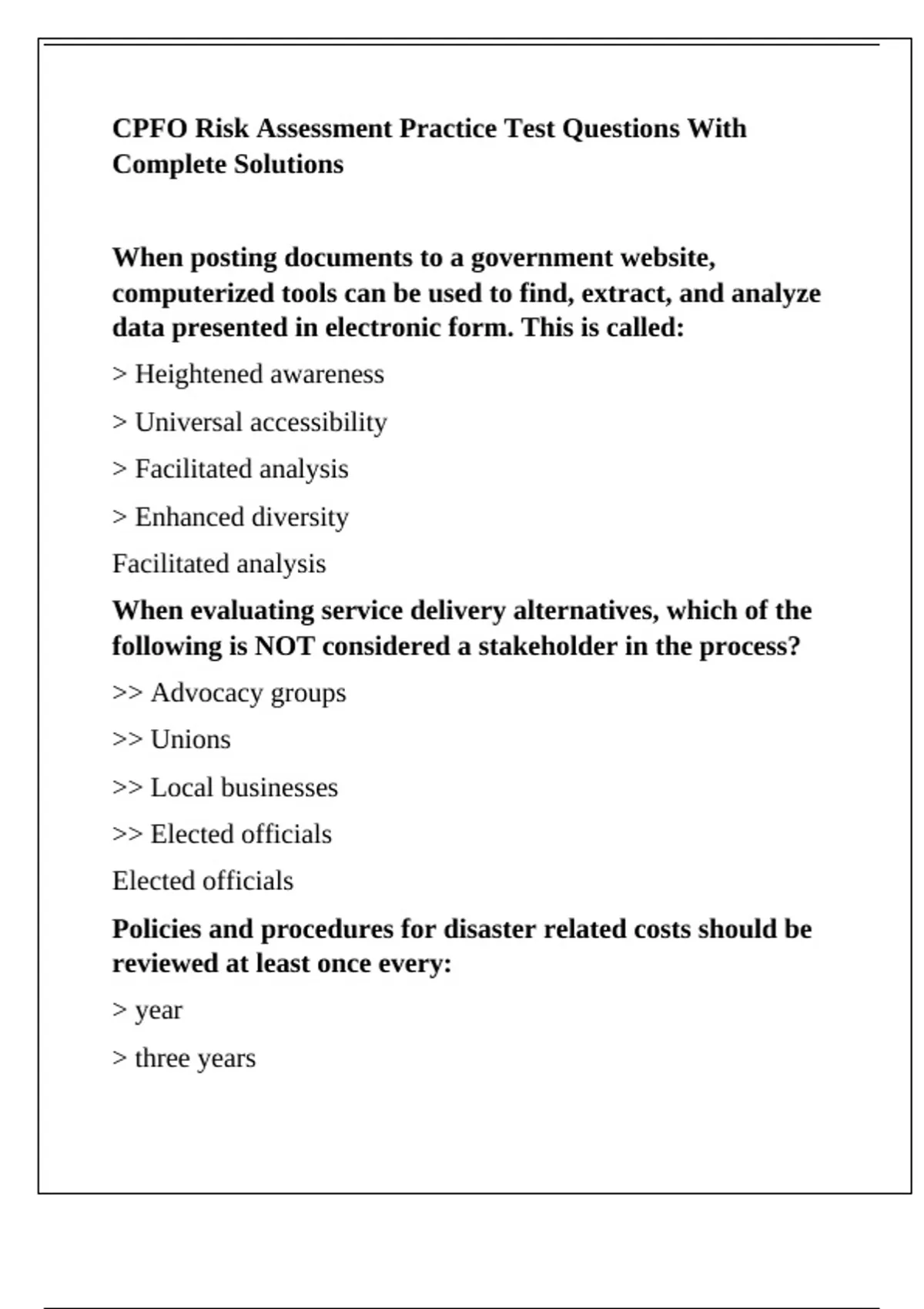 CPFO Risk Assessment Practice Test Questions With Complete Solutions ...