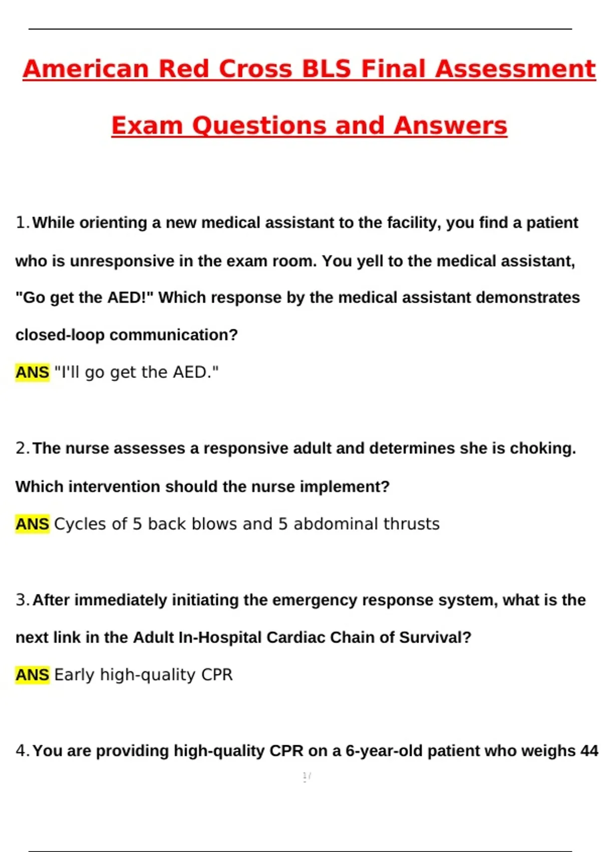 American Red Cross BLS Final Assessment Exam Actual 2025 Newest Updated ...