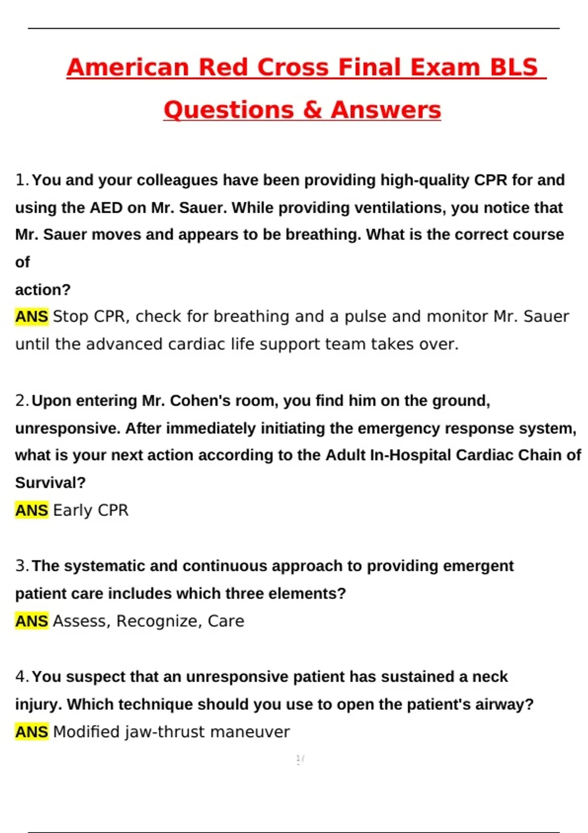American Red Cross Final Exam BLS Exam Actual 2025 Newest Updated ...