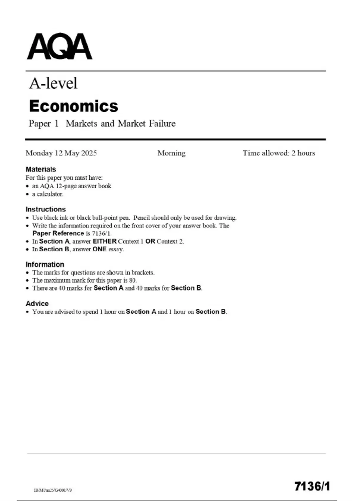 AQA A Level Economics Paper 1 2025 Question Paper and Mark Scheme ...
