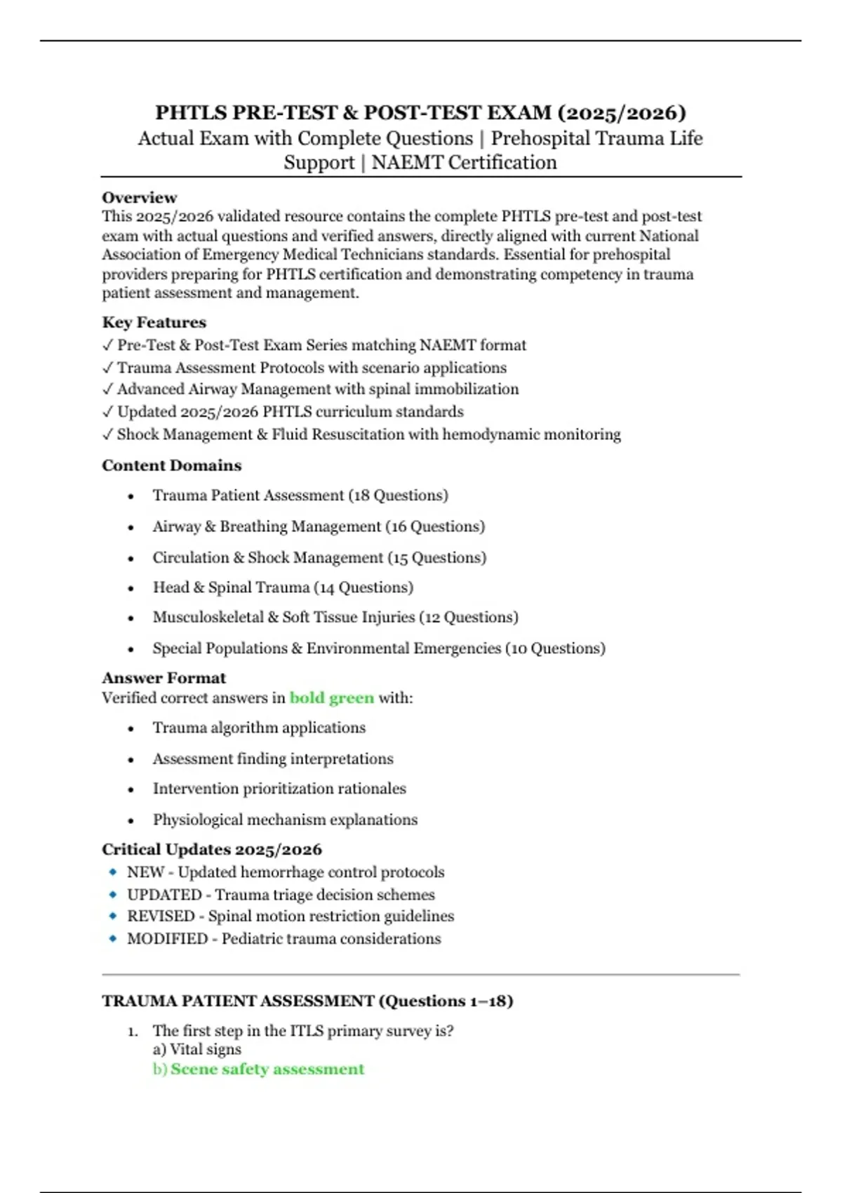 PHTLS Pre-Test & Post-Test Exam (2025/2026) – Actual Exam with Complete ...