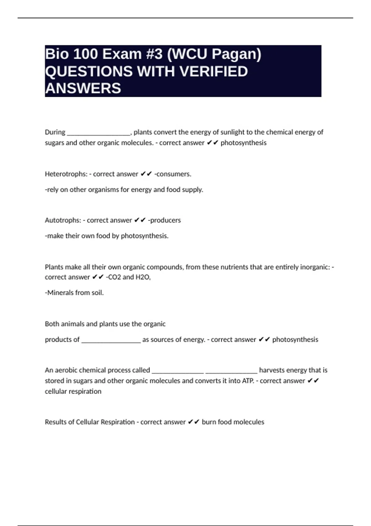 Bio 100 Exam #3 (WCU Pagan) QUESTIONS WITH VERIFIED ANSWERS - Bio 100 ...