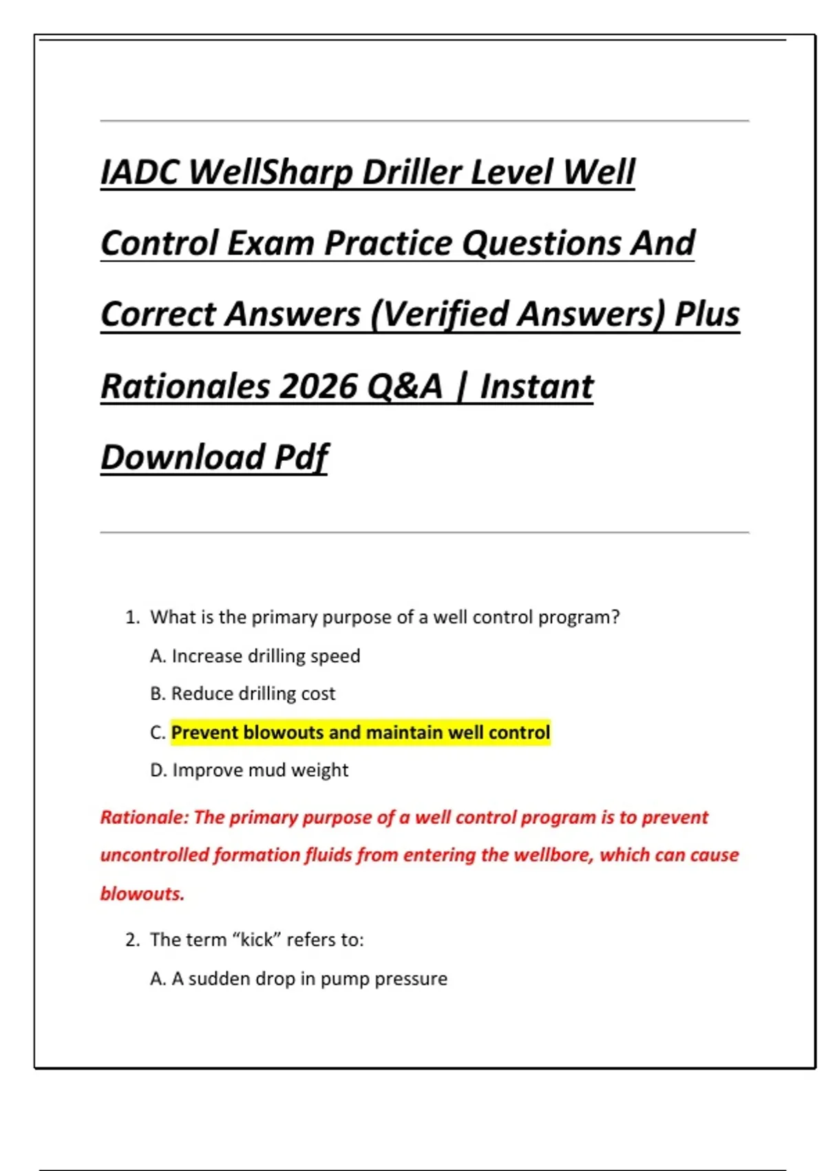 IADC WellSharp Driller Level Well Control Exam Practice Questions And ...