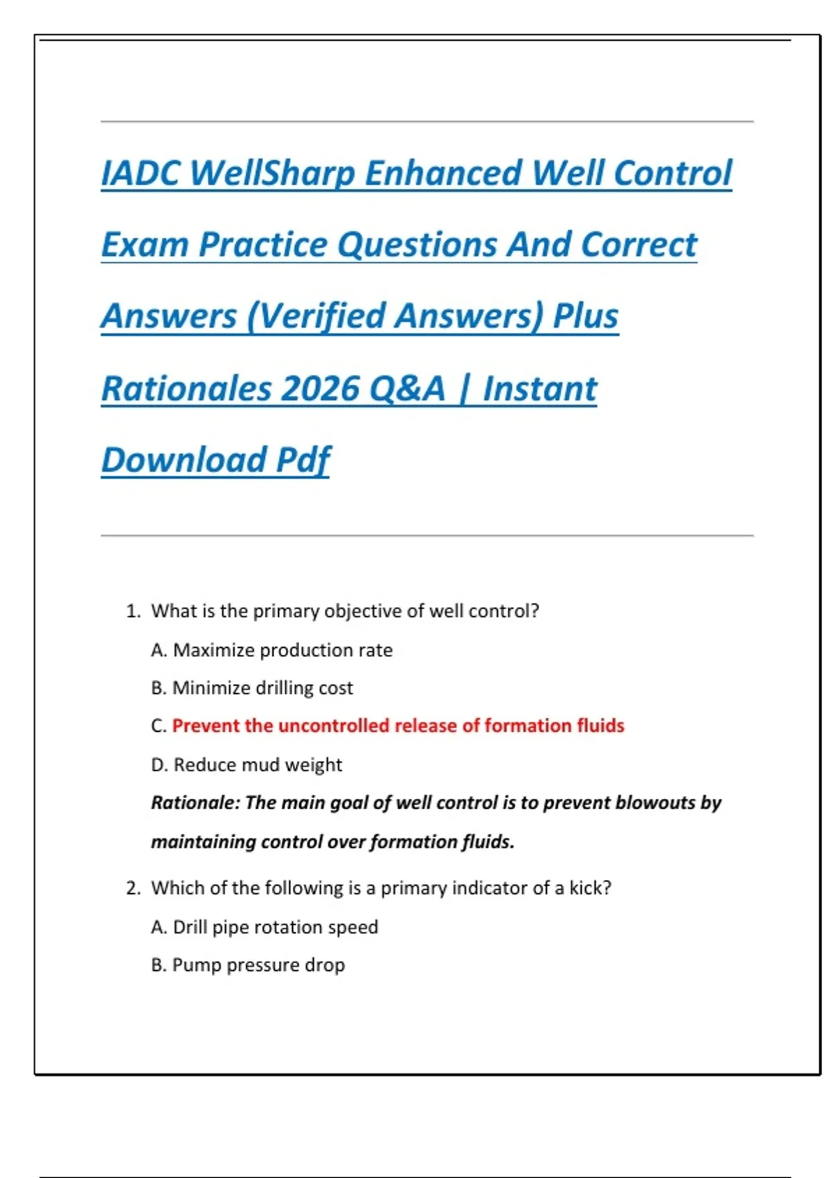 IADC WellSharp Enhanced Well Control Exam Practice Questions And ...