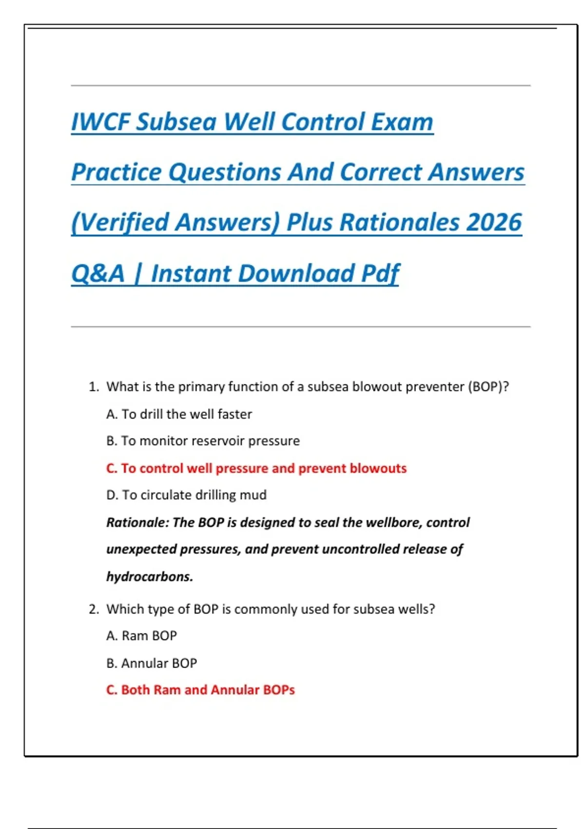 IWCF Subsea Well Control Exam Practice Questions And Correct Answers ...