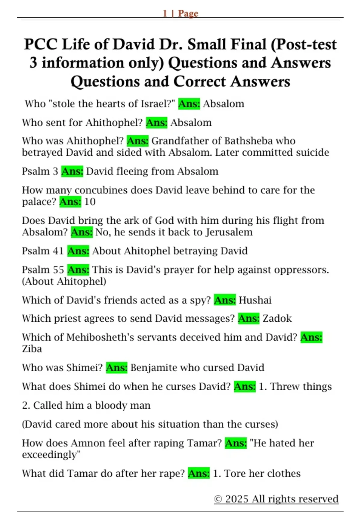 PCC Life of David Dr. Small Final (Post-test 3 information only ...