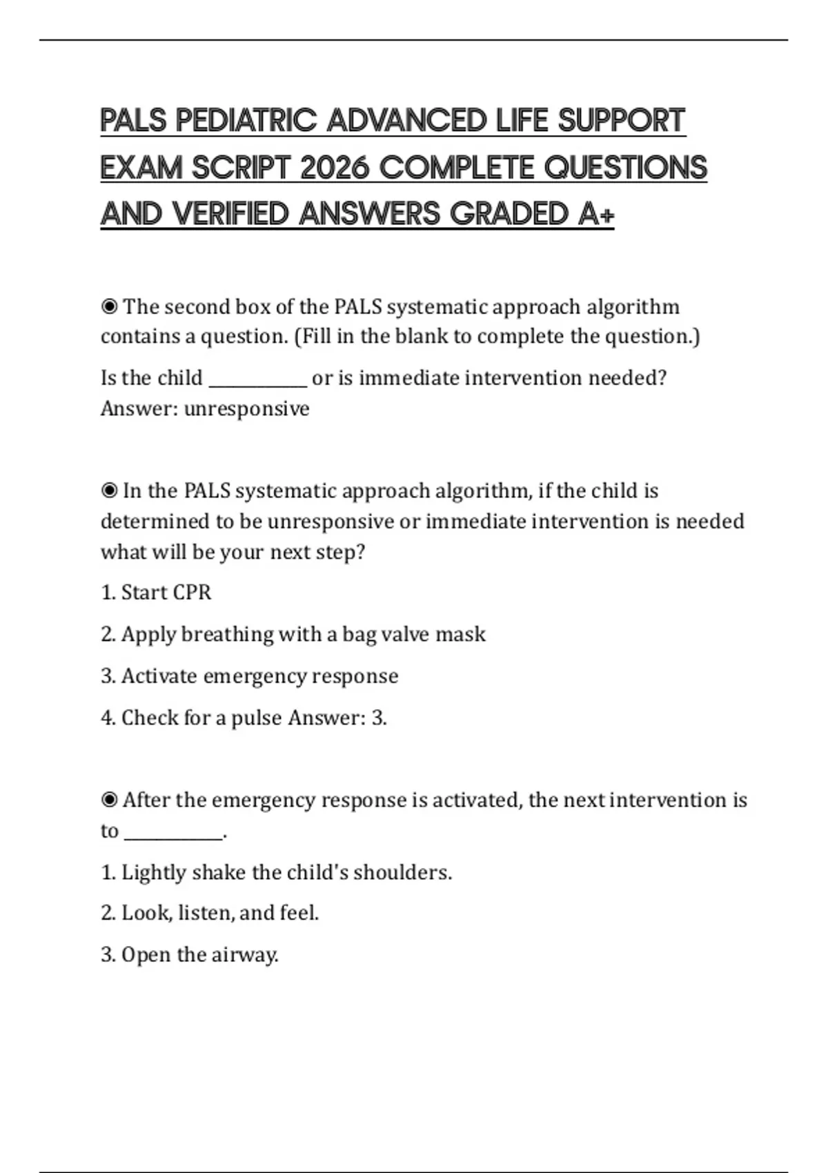 PALS PEDIATRIC ADVANCED LIFE SUPPORT EXAM SCRIPT 2026 COMPLETE ...