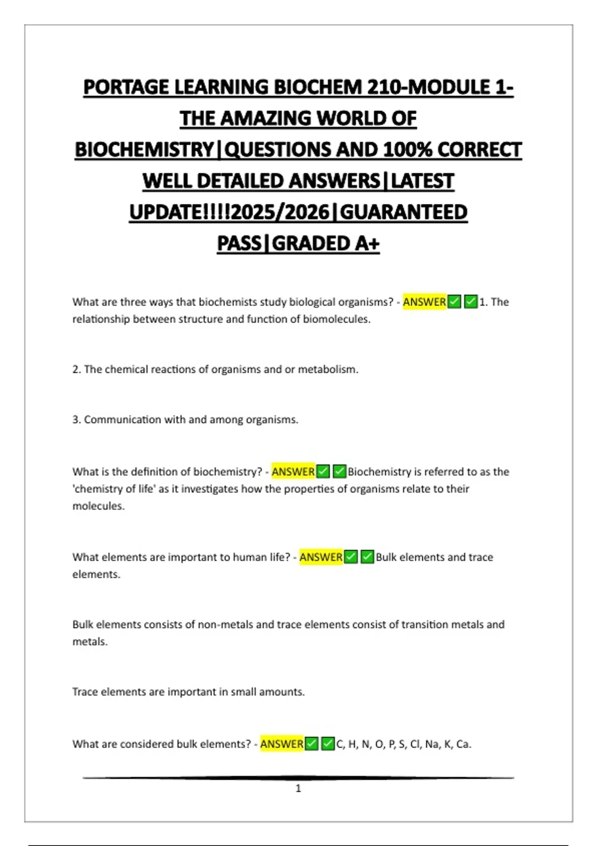 PORTAGE LEARNING BIOCHEM 210 MODULE 1-THE AMAZING WORLD OF BIOCHEMISTRY ...