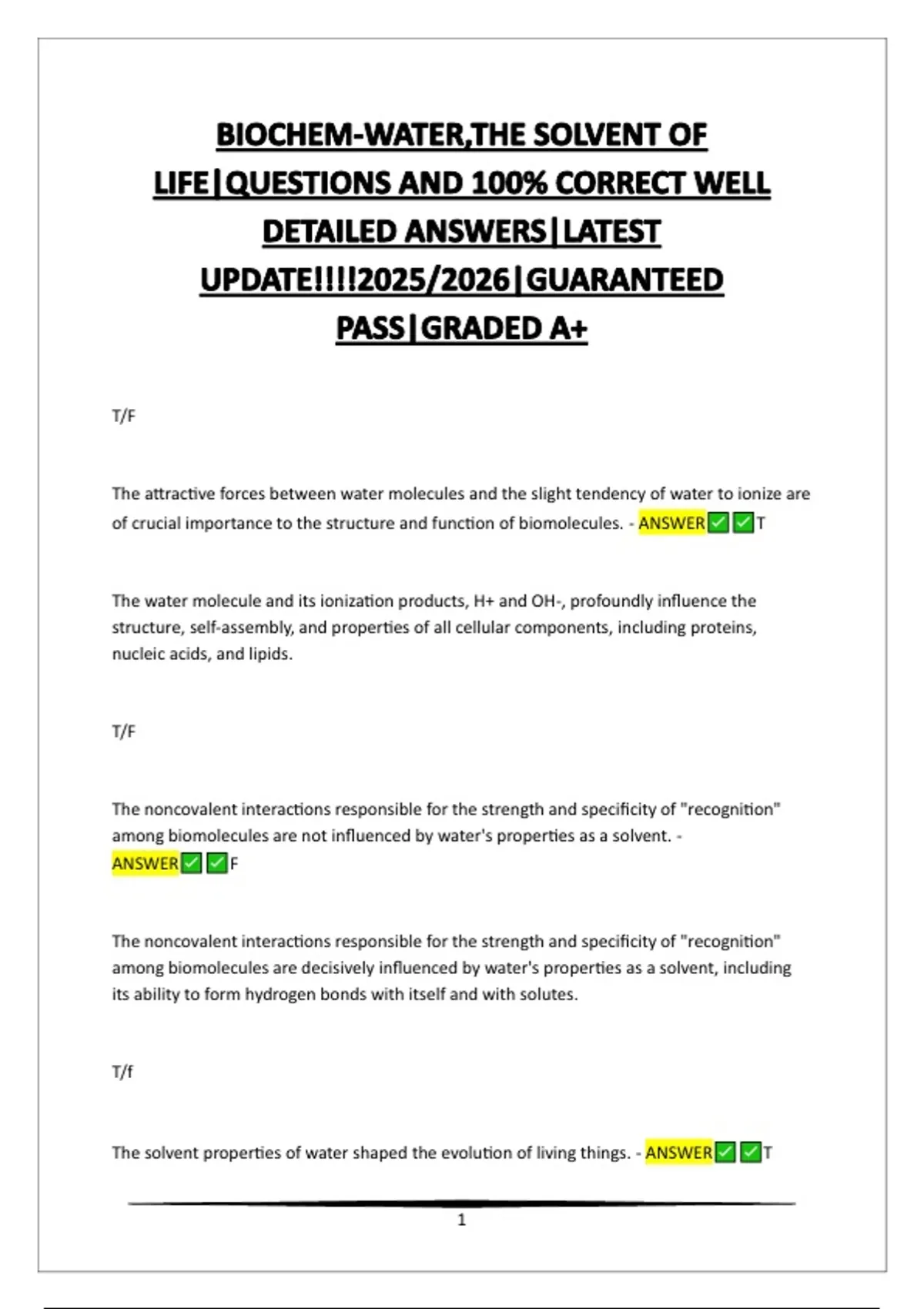 BIOCHEM-WATER,THE SOLVENT OF WATER |QUESTIONS AND 100% CORRECT WELL ...