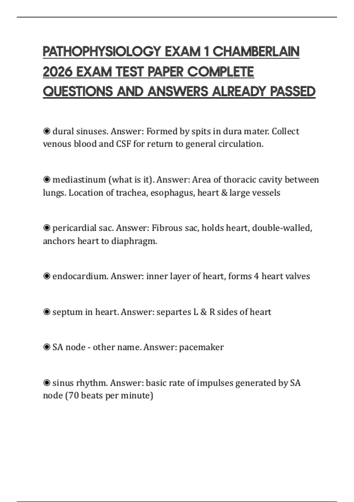 PATHOPHYSIOLOGY EXAM 1 CHAMBERLAIN 2026 EXAM TEST PAPER COMPLETE ...