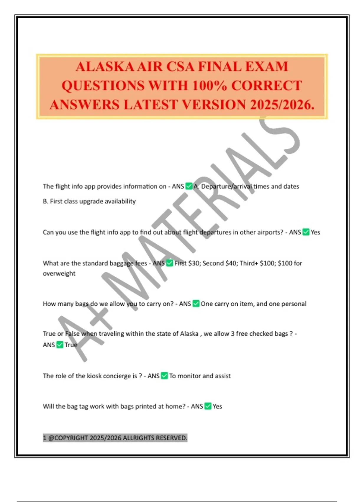 ALASKA AIR CSA FINAL EXAM QUESTIONS WITH 100% CORRECT ANSWERS LATEST ...