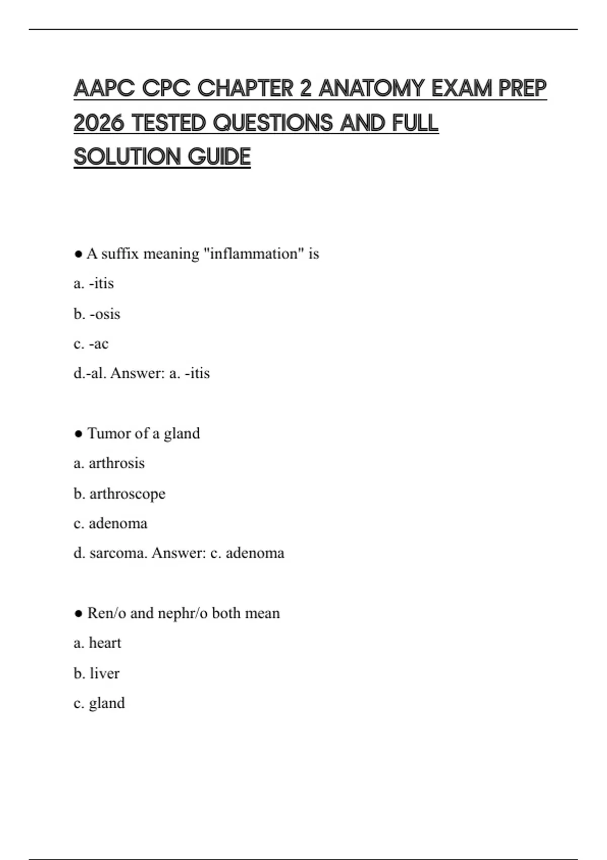 Summary AAPC CPC CHAPTER 2 ANATOMY EXAM PREP 2026 TESTED QUESTIONS AND ...