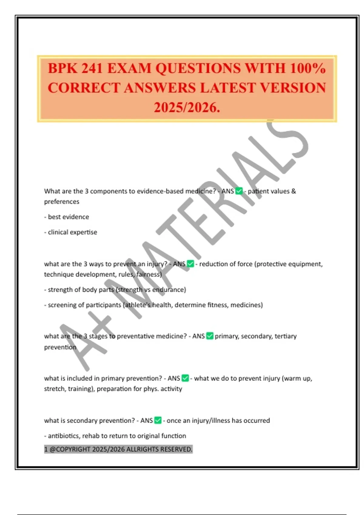 BPK 241 EXAM QUESTIONS WITH 100% CORRECT ANSWERS LATEST VERSION 2025/ ...