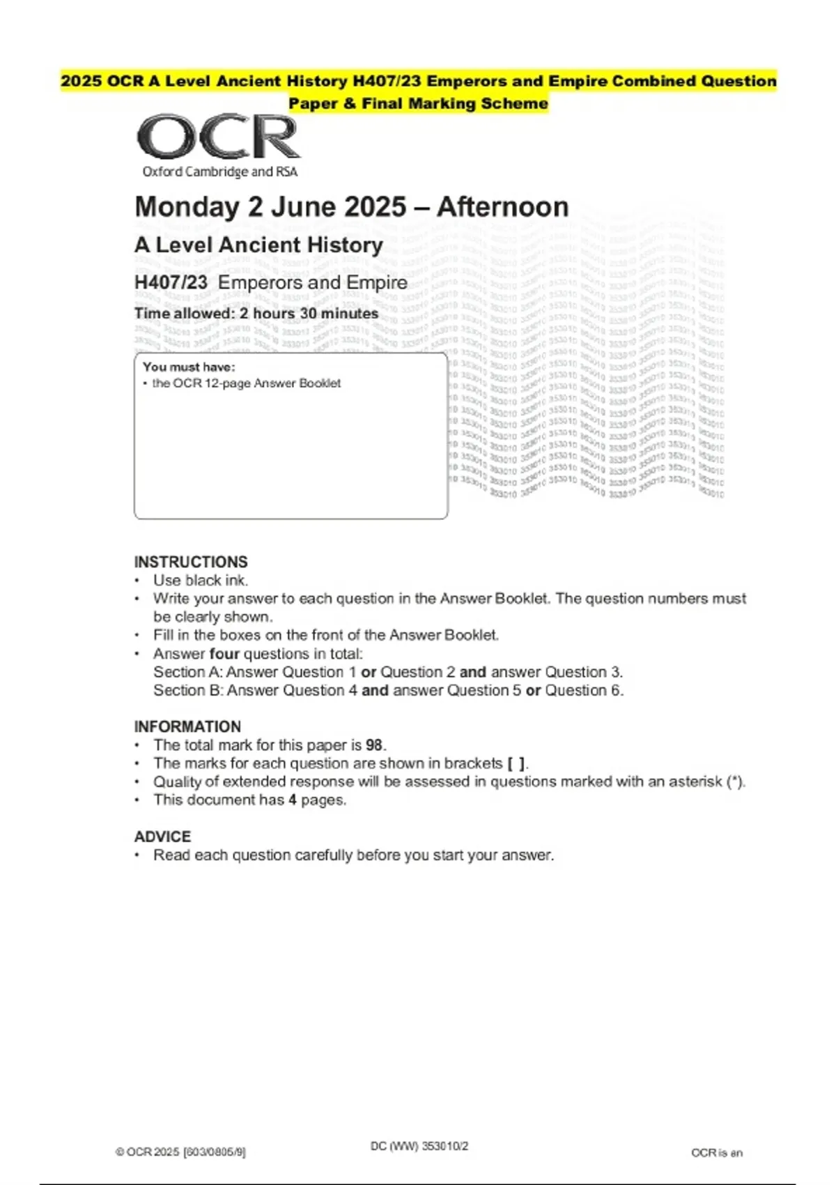 2025 OCR A Level Ancient History H407/23 Emperors and Empire Question ...