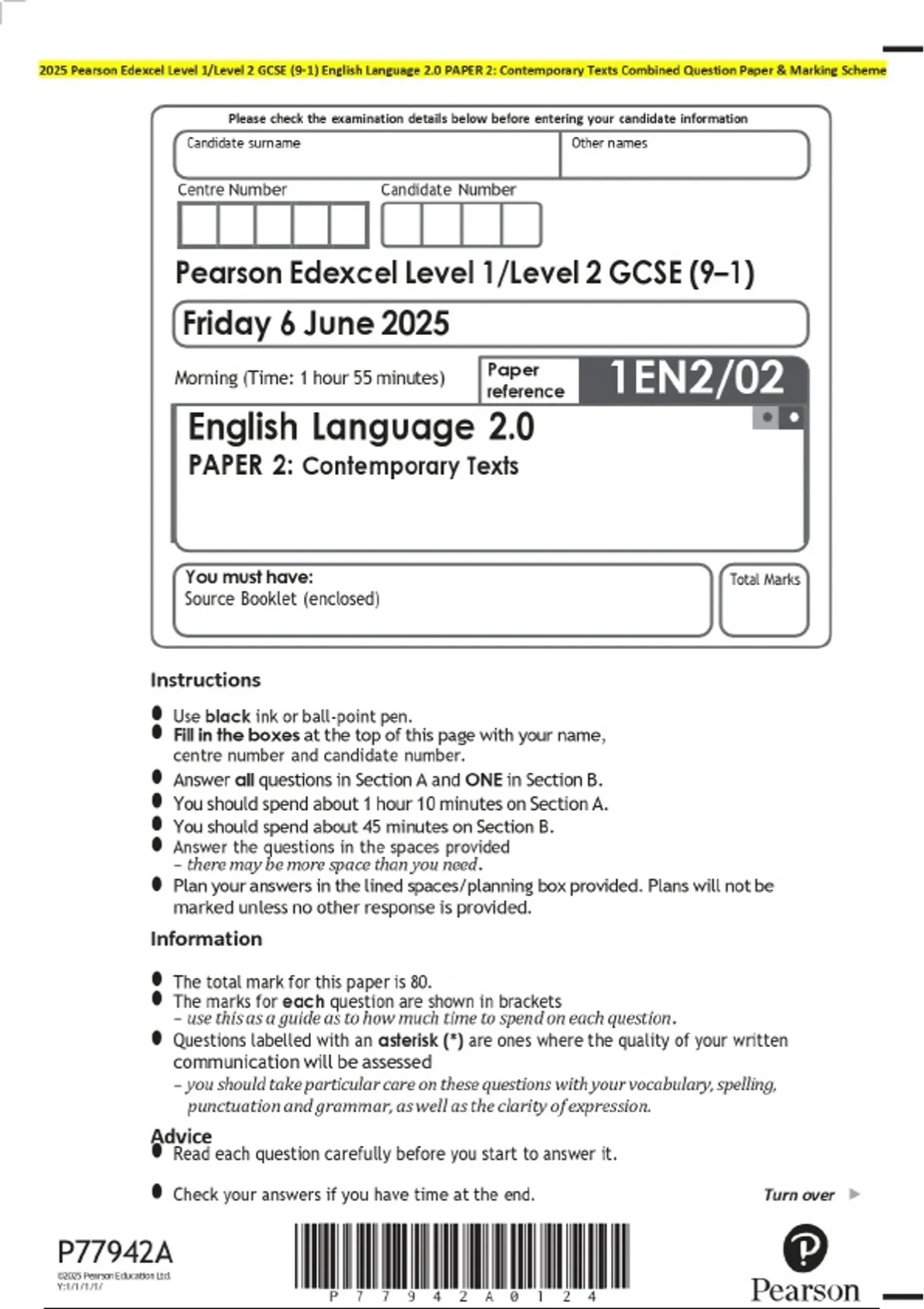 2025 Pearson Edexcel Level 1/Level 2 GCSE (9–1) English Language 2.0 ...