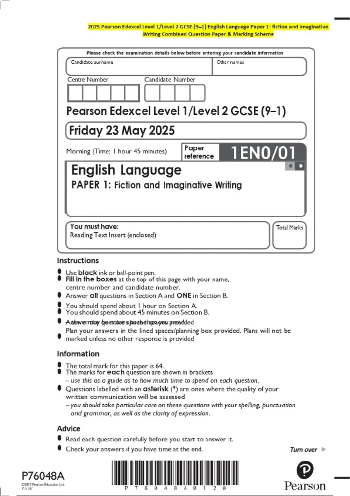 2025 Pearson Edexcel Level 1/Level 2 GCSE (9–1) English Language Paper ...