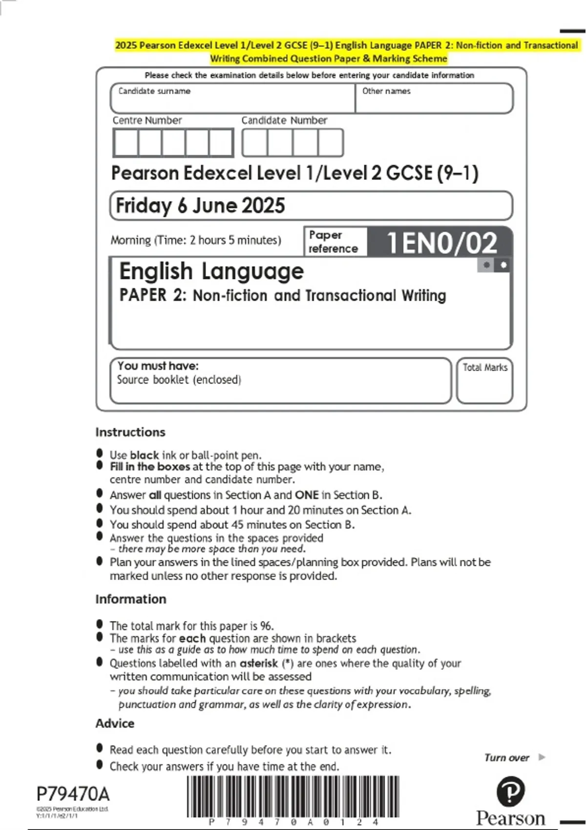 2025 Pearson Edexcel Level 1/Level 2 GCSE (9–1) English Language PAPER ...