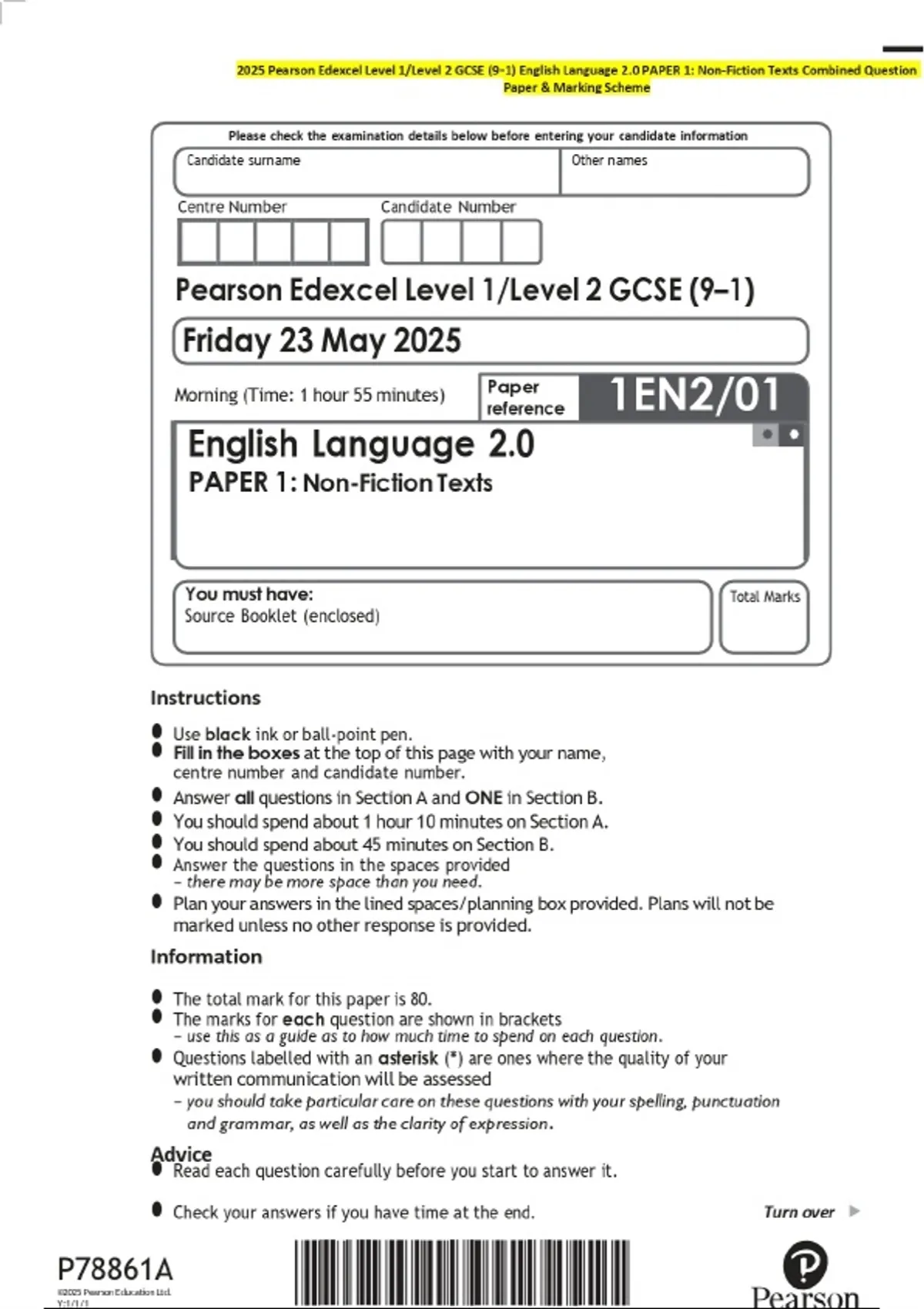 2025 Pearson Edexcel Level 1/Level 2 GCSE (9–1) English Language 2.0 ...