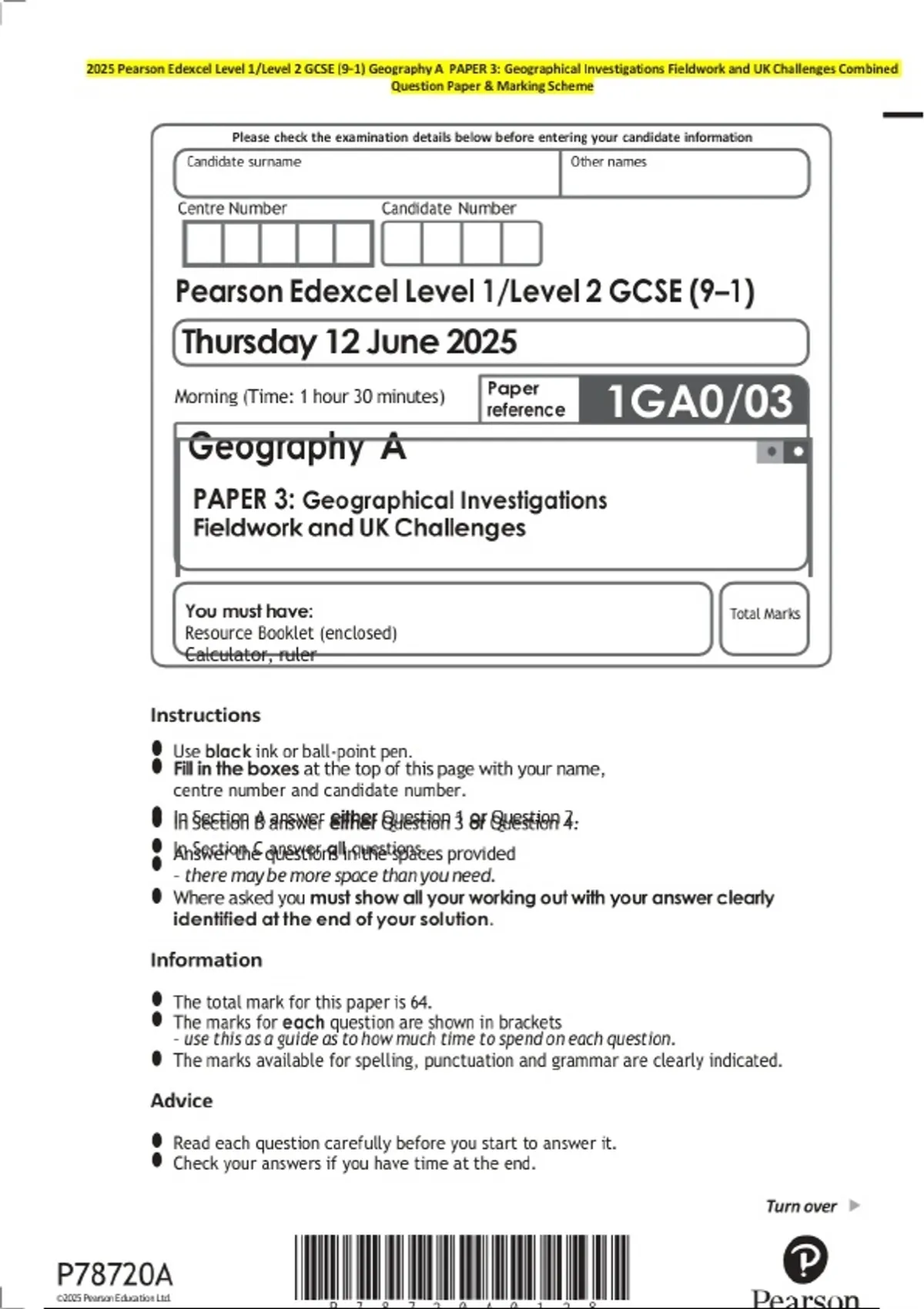2025 Pearson Edexcel Level 1/Level 2 GCSE (9–1) Geography A PAPER 3 ...