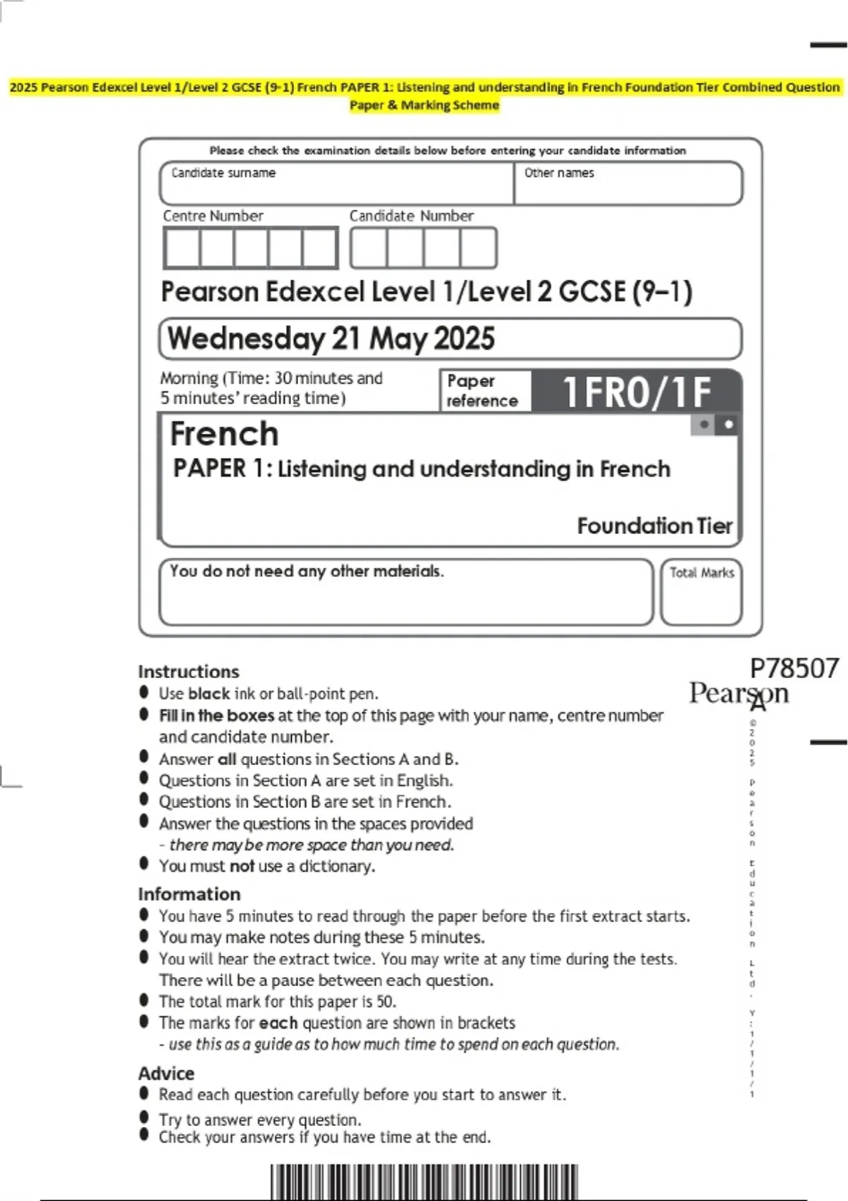 2025 Pearson Edexcel Level 1/Level 2 GCSE (9–1) French PAPER 1 ...