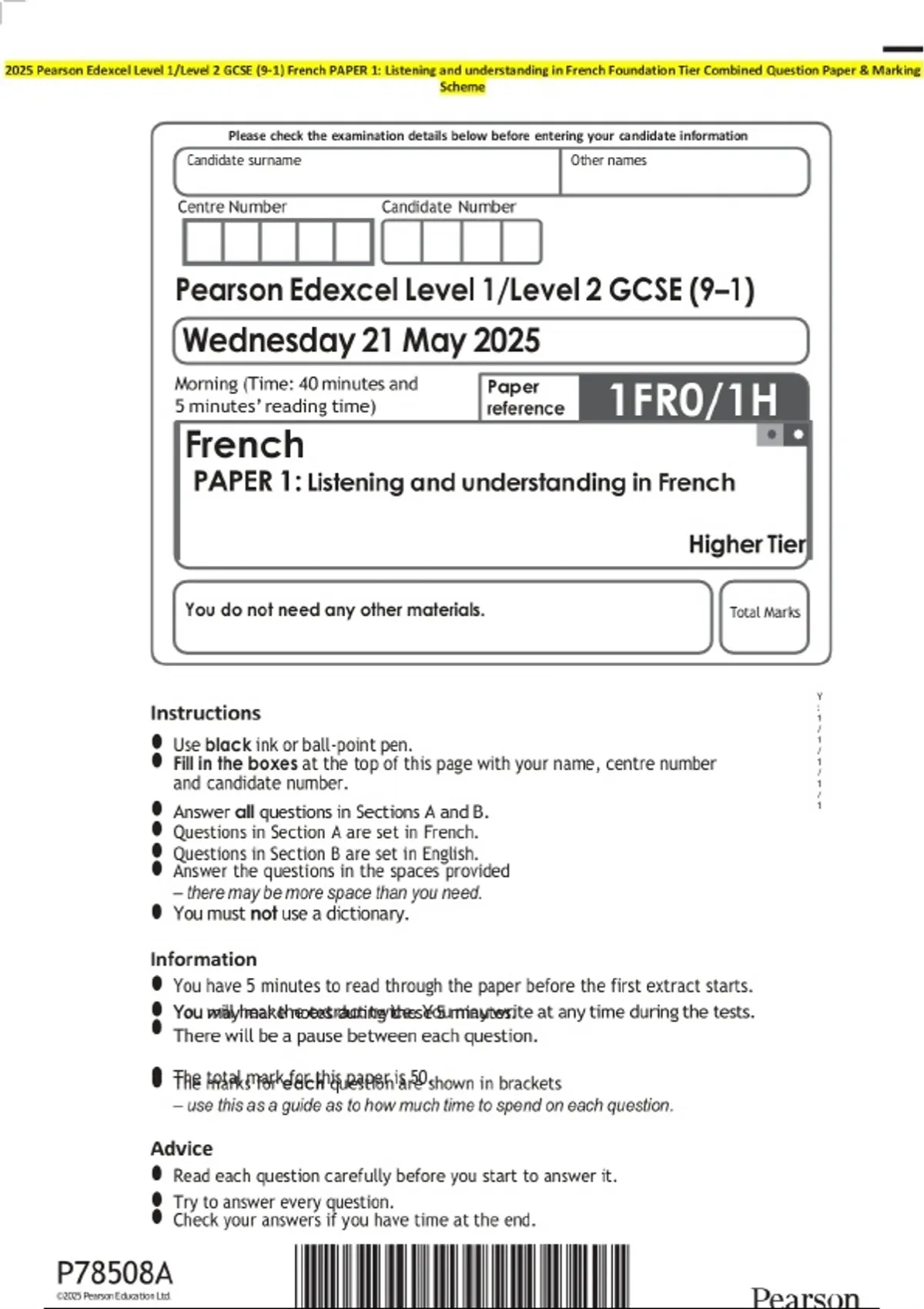 2025 Pearson Edexcel Level 1/Level 2 GCSE (9–1) French PAPER 1 ...