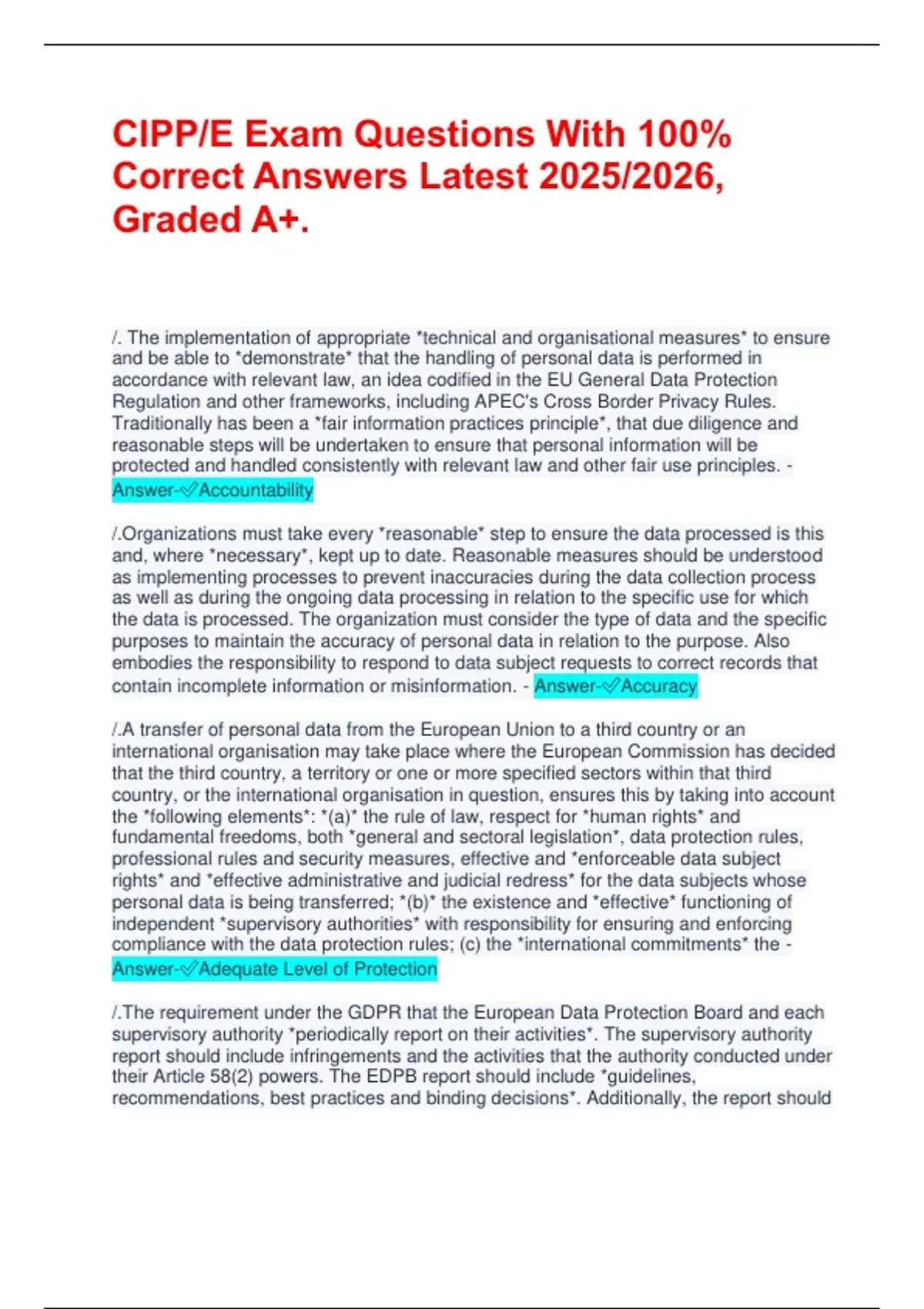 CIPP/E Exam Questions With 100% Correct Answers Latest 2025/2026 ...