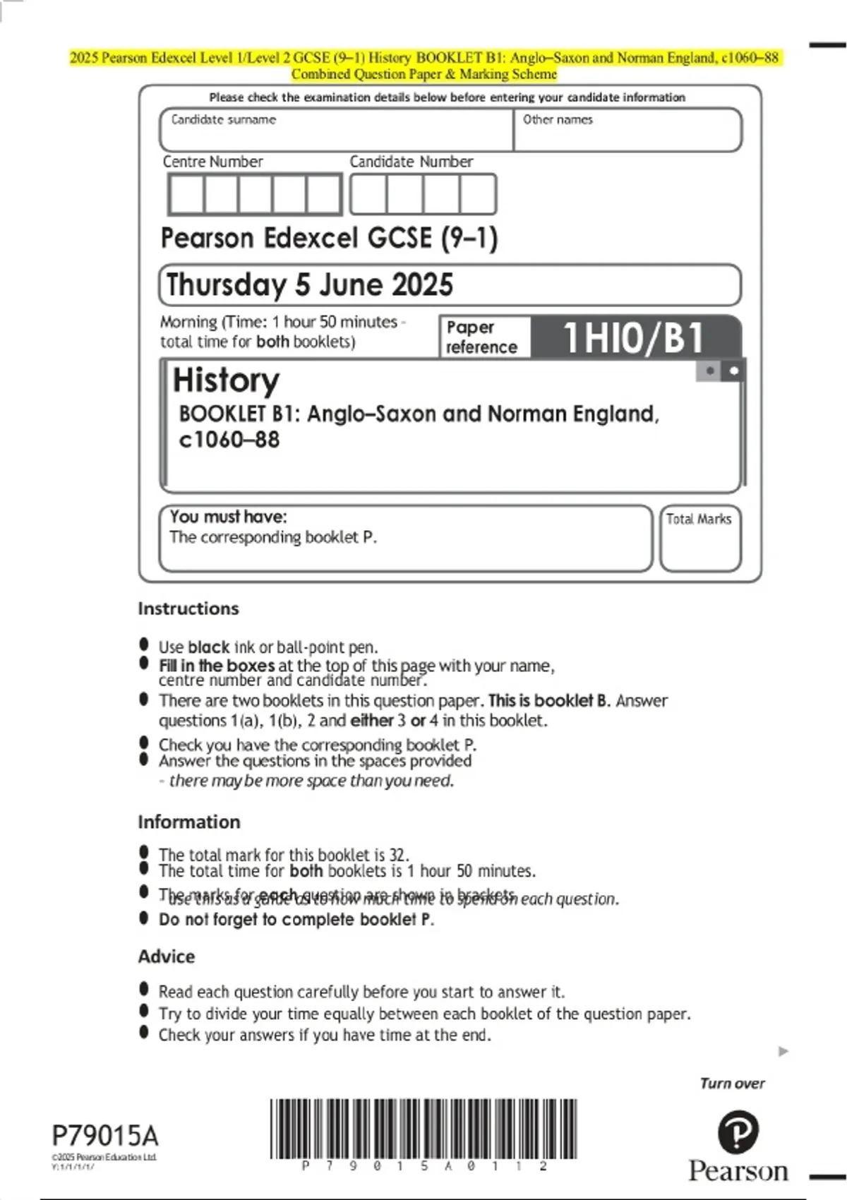 2025 Pearson Edexcel Level 1/Level 2 GCSE (9–1) History BOOKLET B1 ...