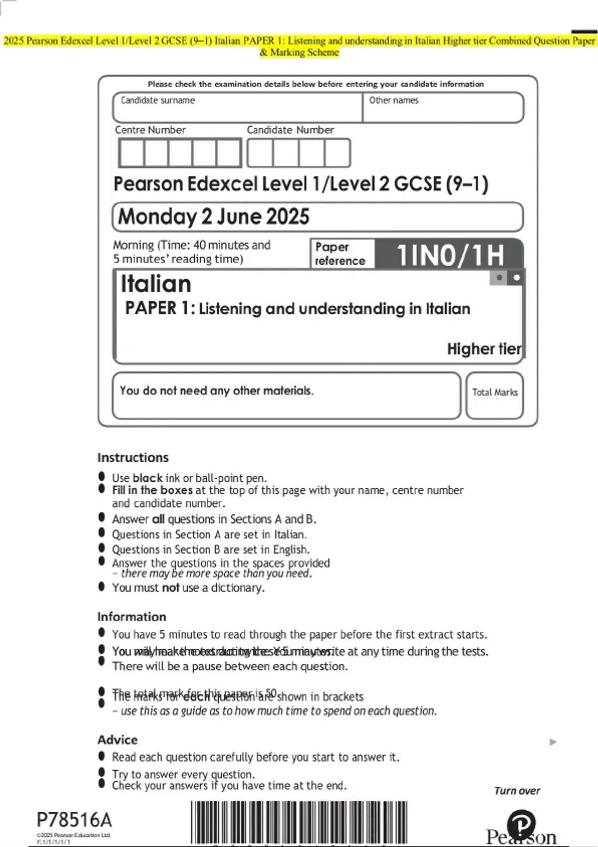 2025 Pearson Edexcel Level 1/Level 2 GCSE (9–1) Italian PAPER 1 ...