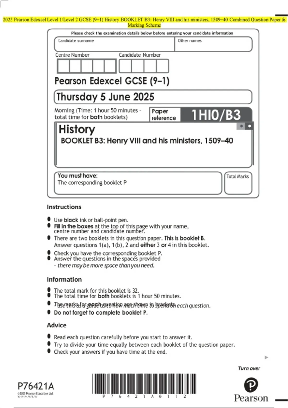 2025 Pearson Edexcel Level 1/Level 2 GCSE (9–1) History BOOKLET B3 ...