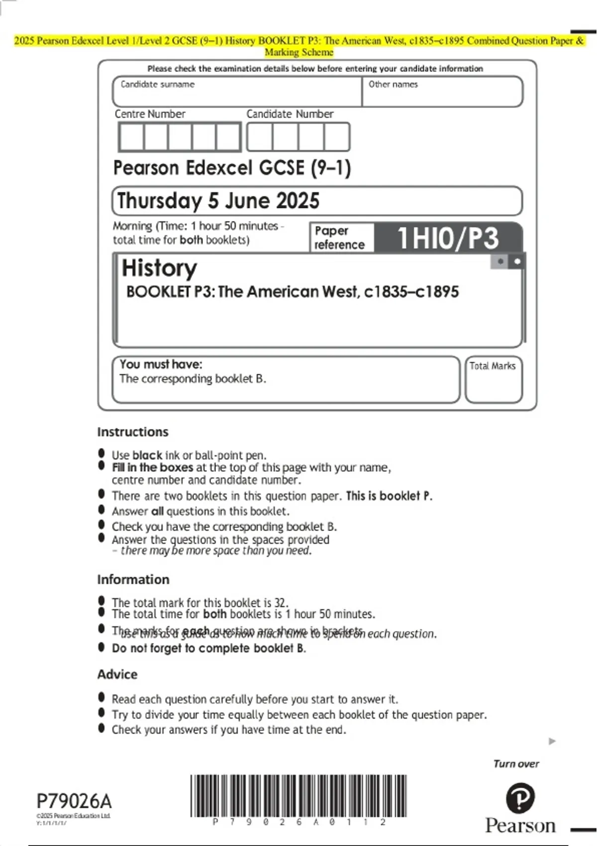 2025 Pearson Edexcel Level 1/Level 2 GCSE (9–1) History BOOKLET P3: The ...