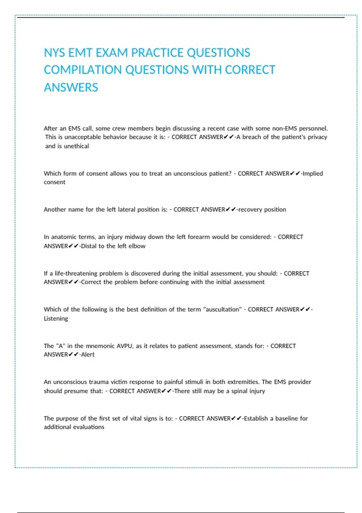 NYS EMT EXAM PRACTICE QUESTIONS COMPILATION QUESTIONS WITH CORRECT ...