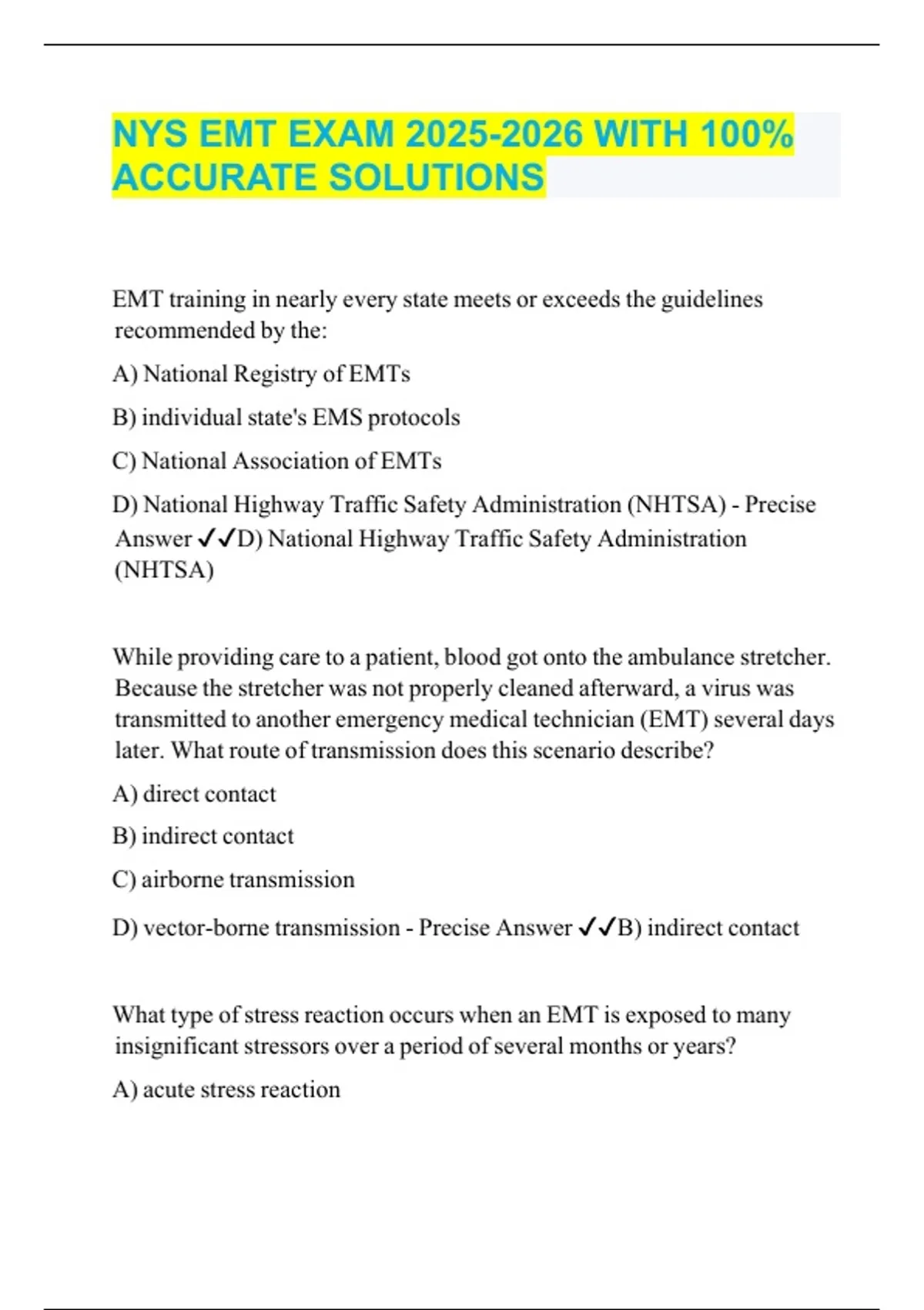 NYS EMT EXAM WITH 100- ACCURATE SOLUTIONS - NYS EMT - Stuvia US