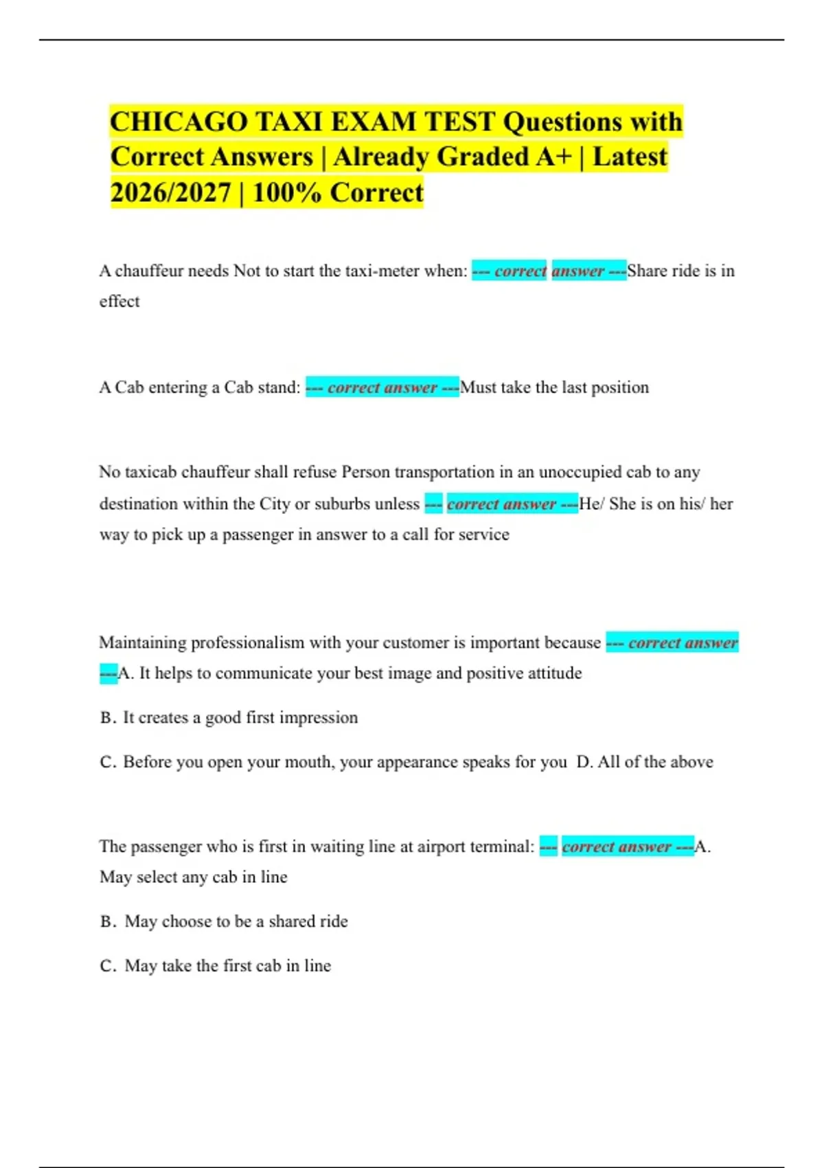 CHICAGO TAXI EXAM TEST Questions with Correct Answers | Already Graded ...