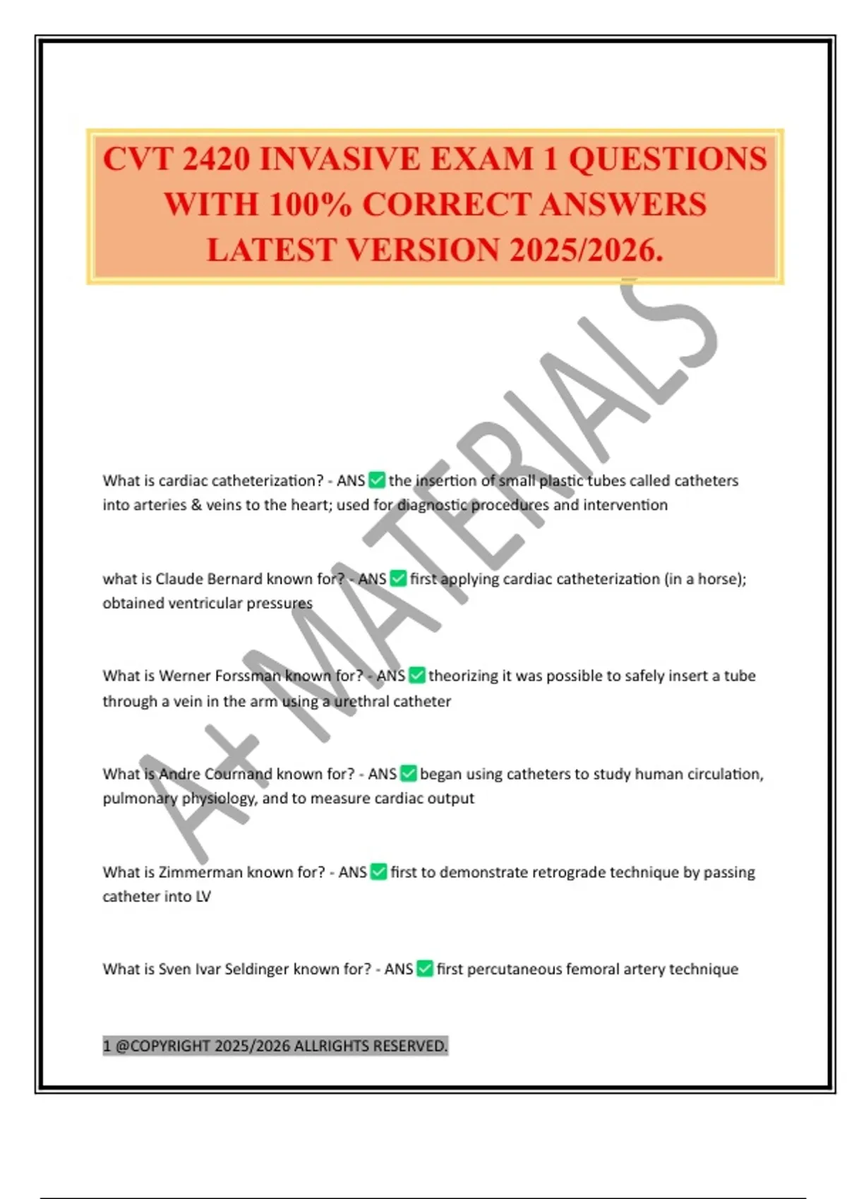 CVT 2420 INVASIVE EXAM 1 QUESTIONS WITH 100% CORRECT ANSWERS LATEST ...