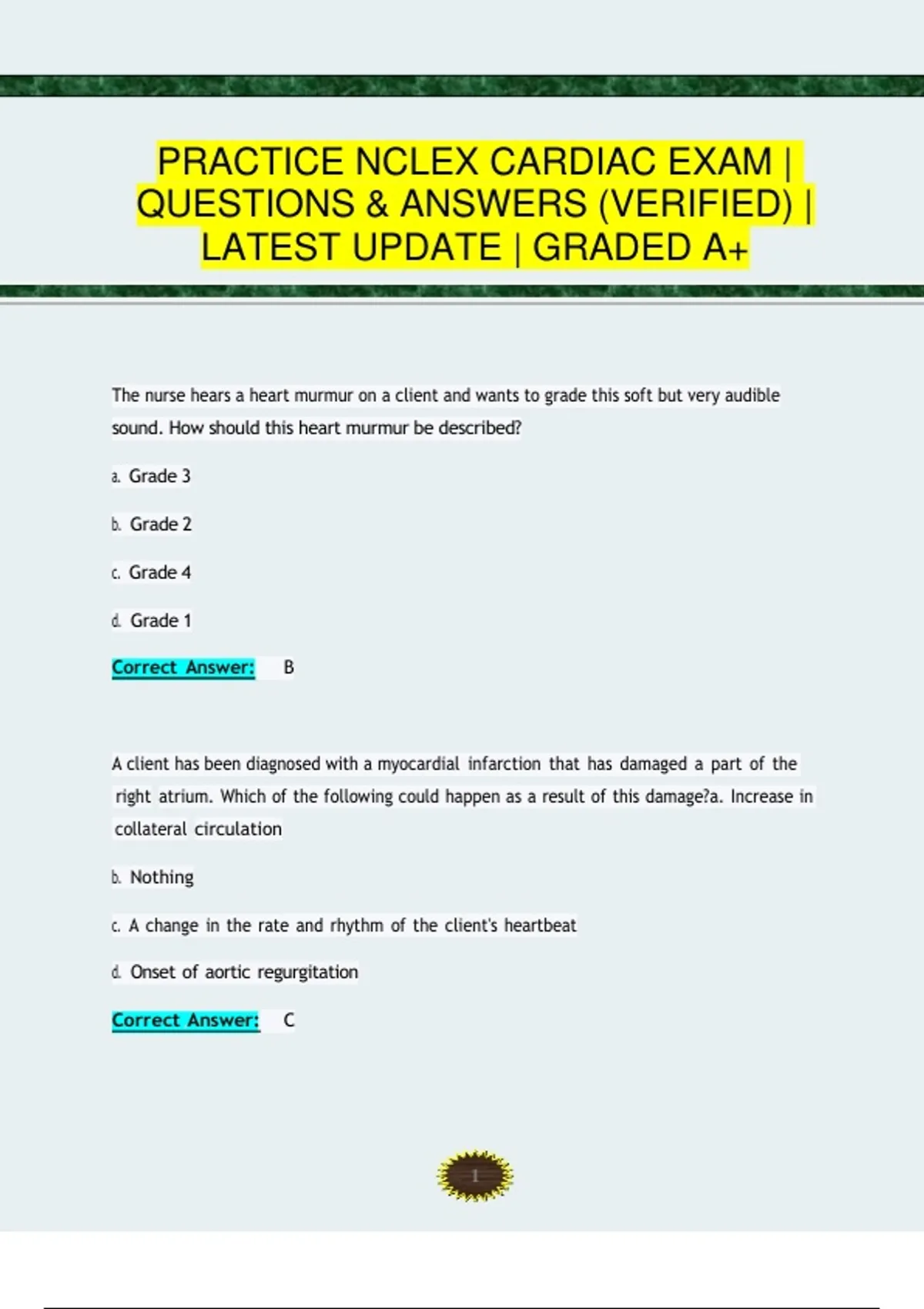NCLEX Cardiac Practice Exam (2026) – Verified Questions & Answers ...