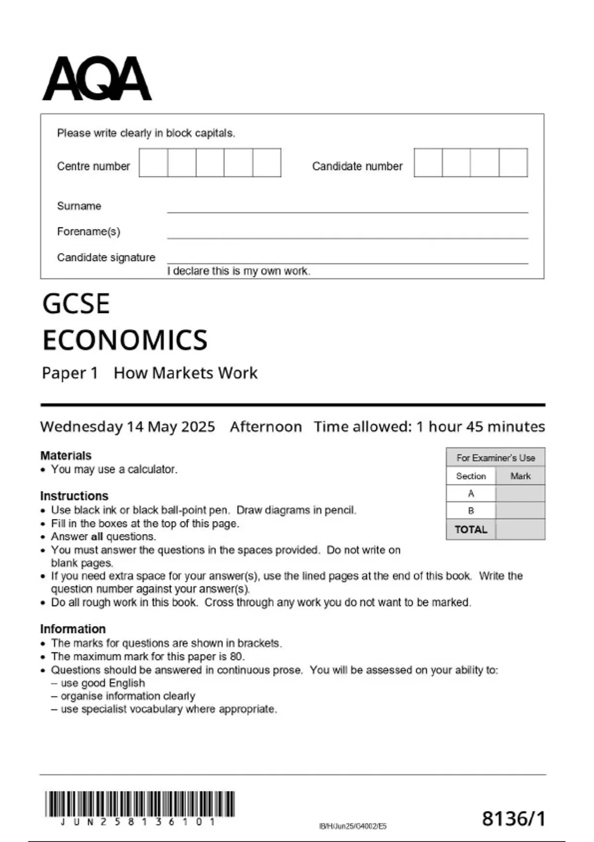 AQA GCSE ECONOMICS 2025 PAPER 1 8136/1 |How Markets Work QUESTION PAPER ...