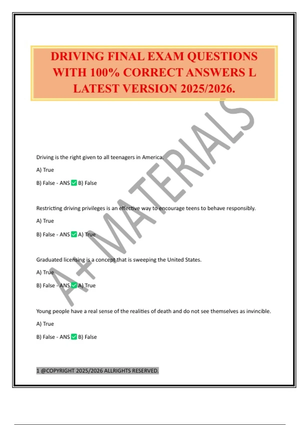 DRIVING FINAL EXAM QUESTIONS WITH 100% CORRECT ANSWERS L LATEST VERSION ...