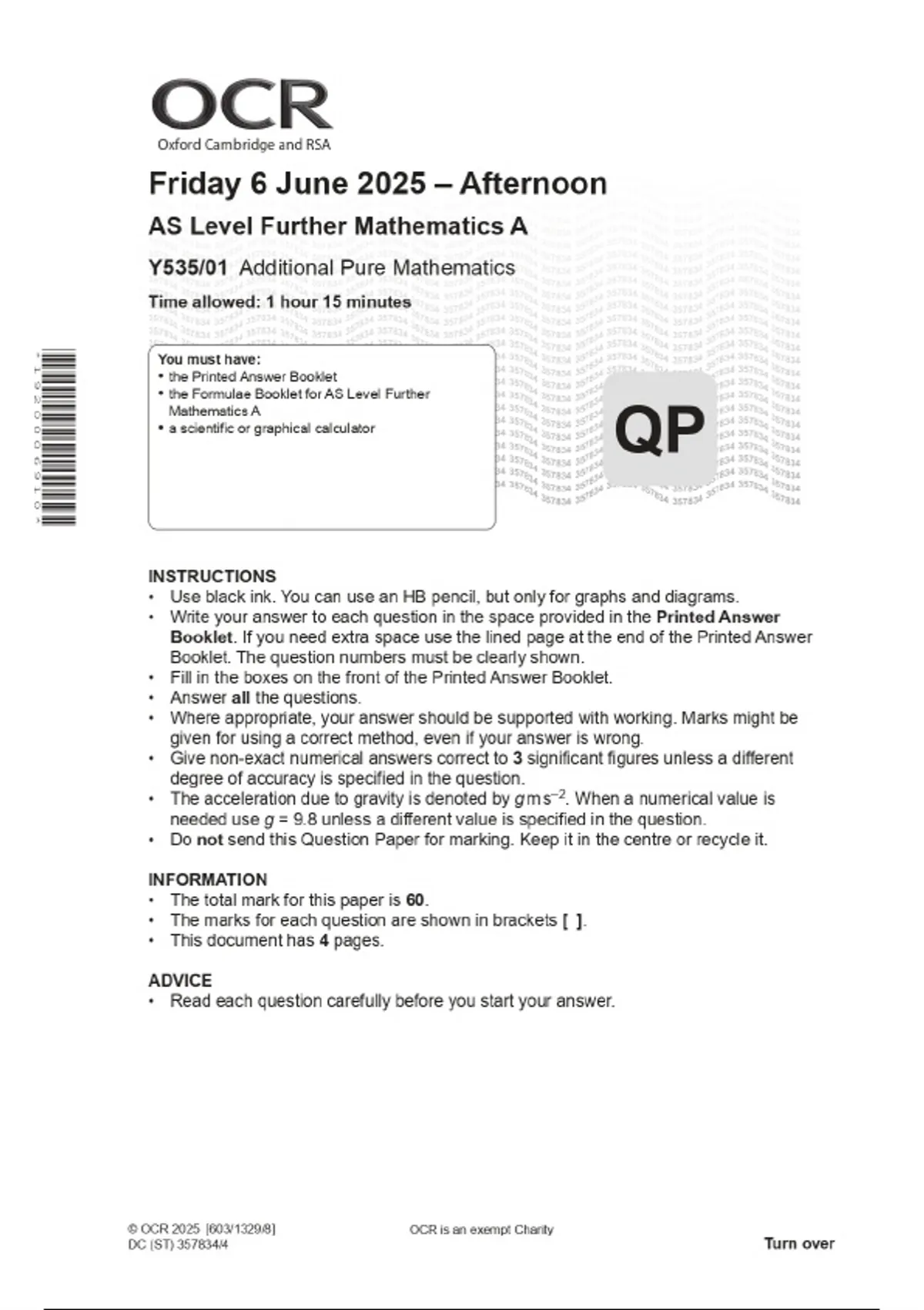 2025 OCR AS Level Further Mathematics A Y535/01 Additional Pure ...