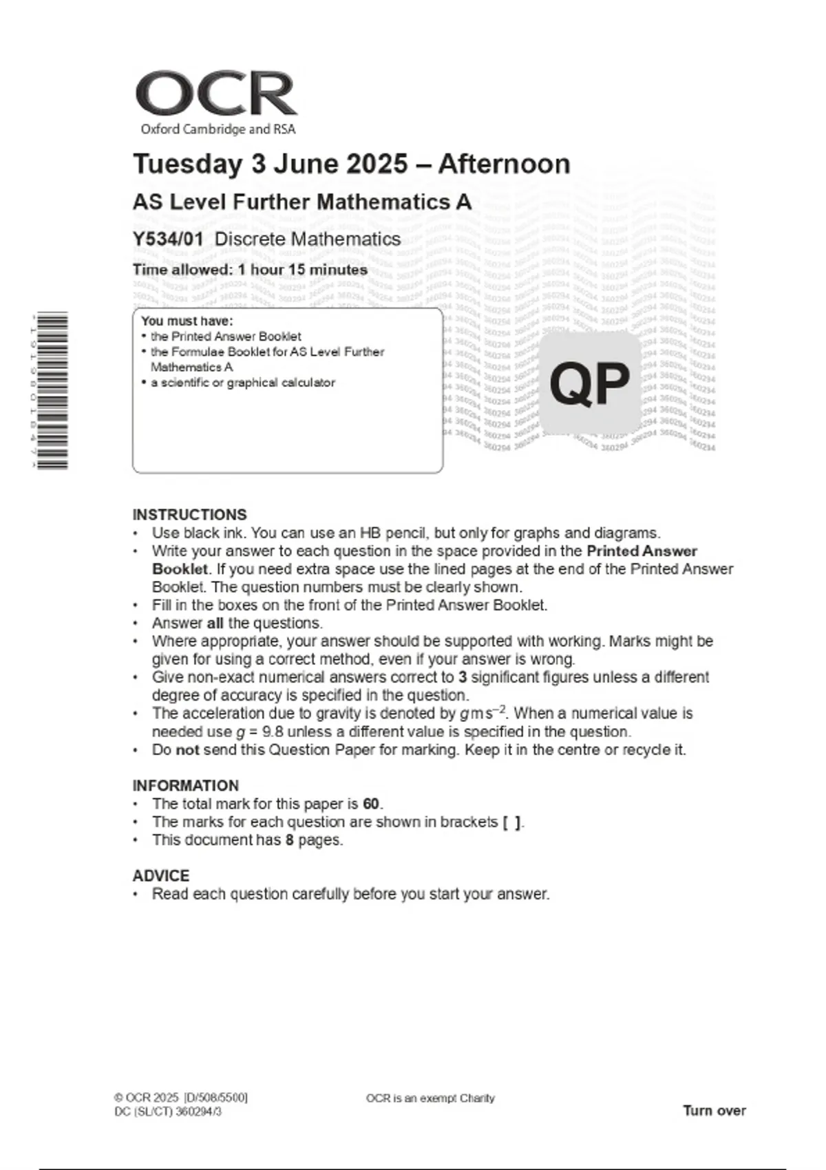 2025 OCR AS Level Further Mathematics A Y534/01 Discrete Mathematics ...