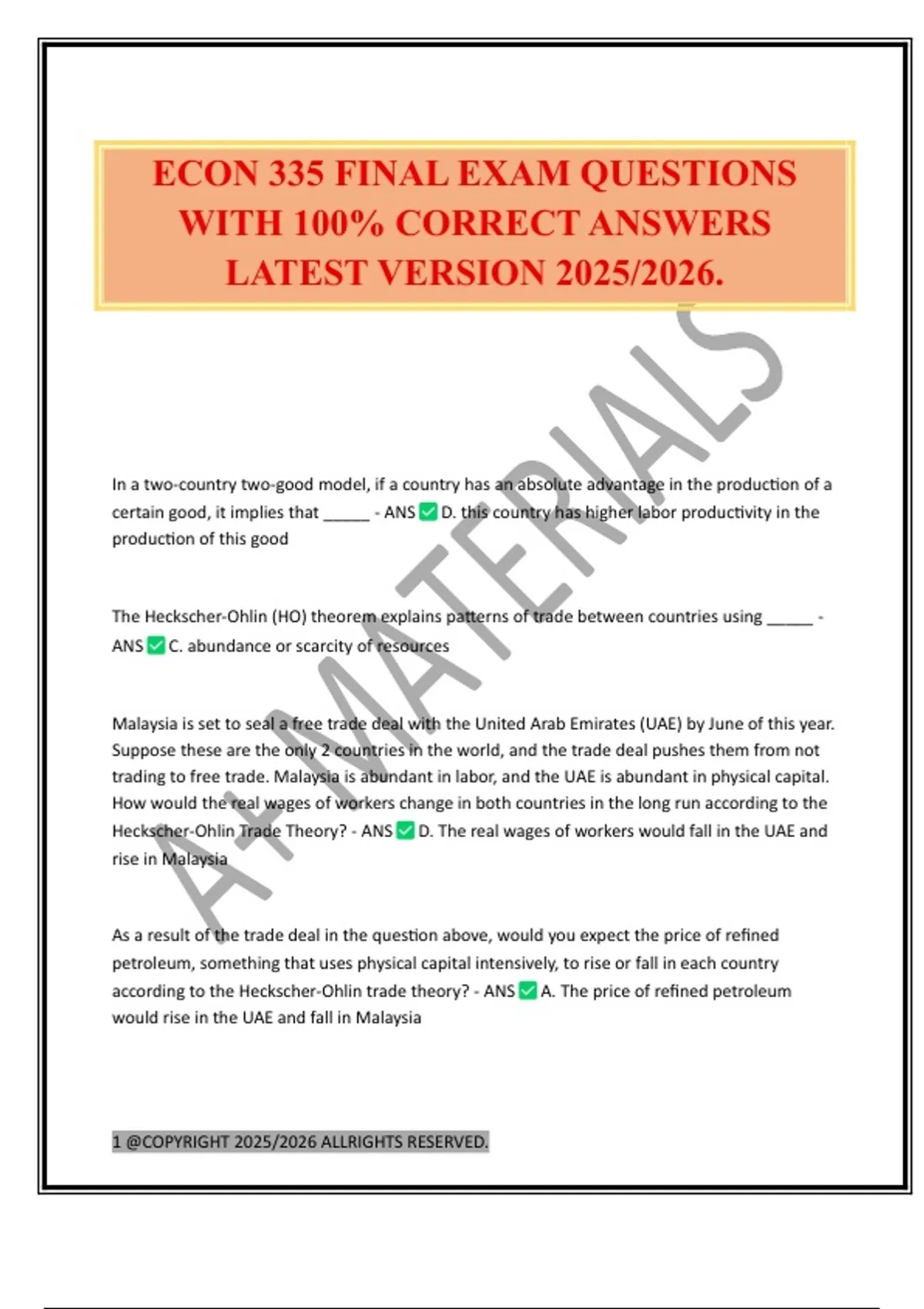 ECON 335 FINAL EXAM QUESTIONS WITH 100% CORRECT ANSWERS LATEST VERSION ...