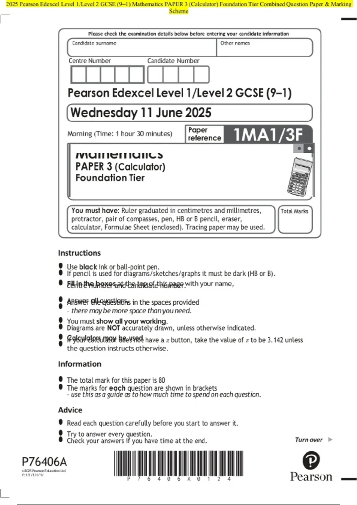 2025 Pearson Edexcel Level 1/Level 2 GCSE (9–1) Mathematics PAPER 3 ...