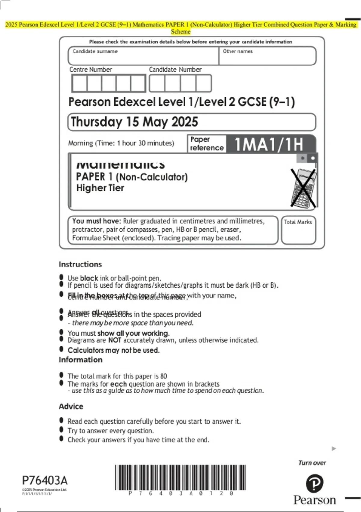 2025 Pearson Edexcel Level 1/Level 2 GCSE (9–1) Mathematics PAPER 1 ...