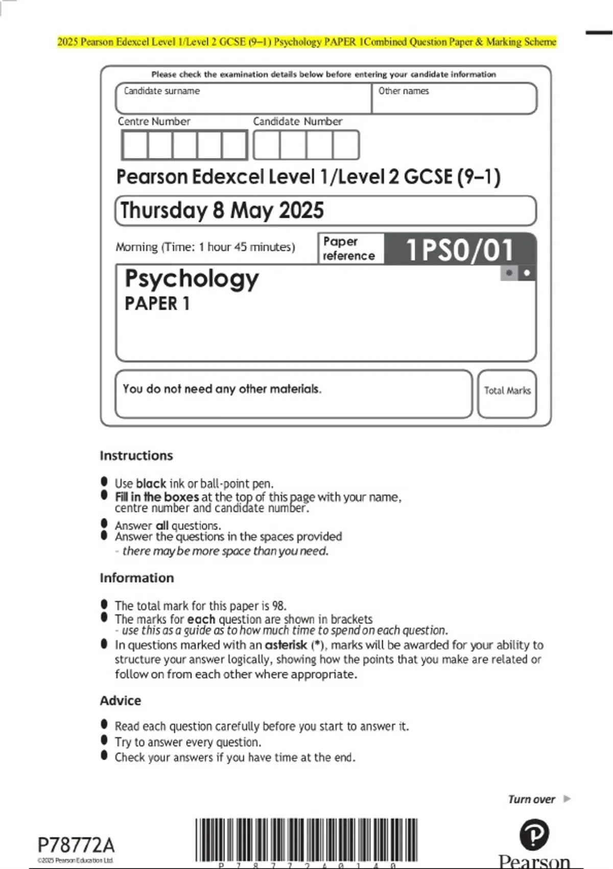 2025 Pearson Edexcel Level 1/Level 2 GCSE (9–1) Psychology PAPER ...