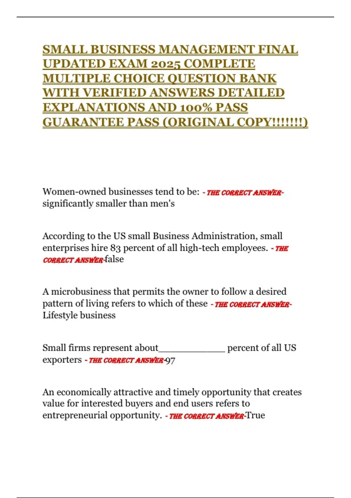 SMALL BUSINESS MANAGEMENT FINAL UPDATED EXAM 2025 COMPLETE MULTIPLE ...