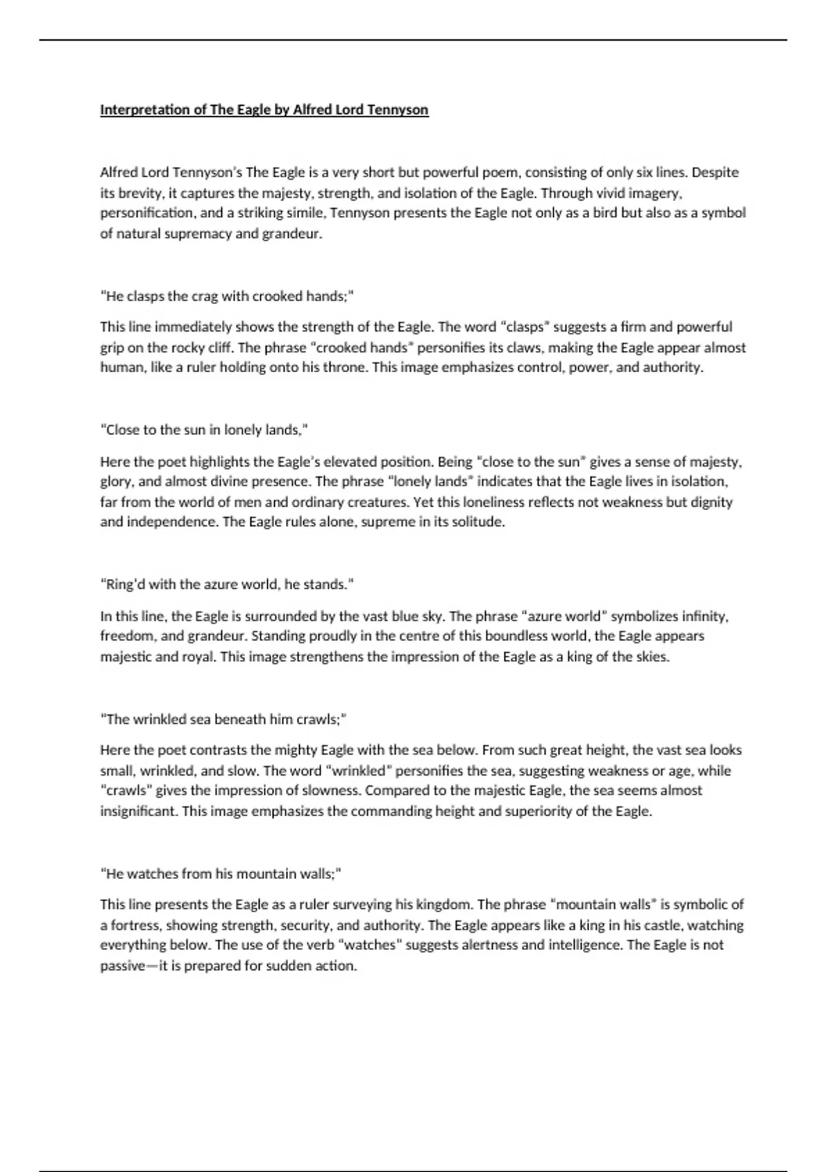 Summary The Eagle by Alfred Lord Tennyson poem analysis, - English ...