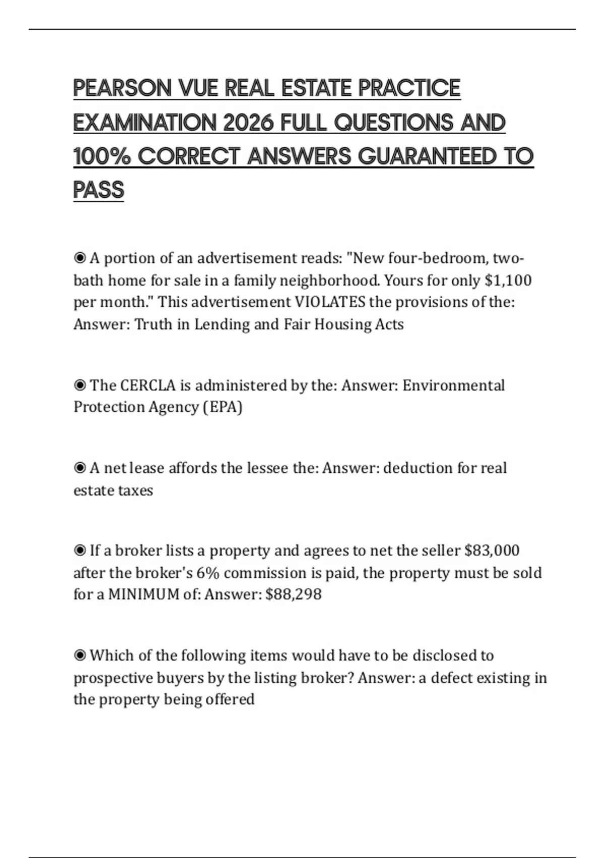 PEARSON VUE REAL ESTATE PRACTICE EXAMINATION 2026 FULL QUESTIONS AND ...