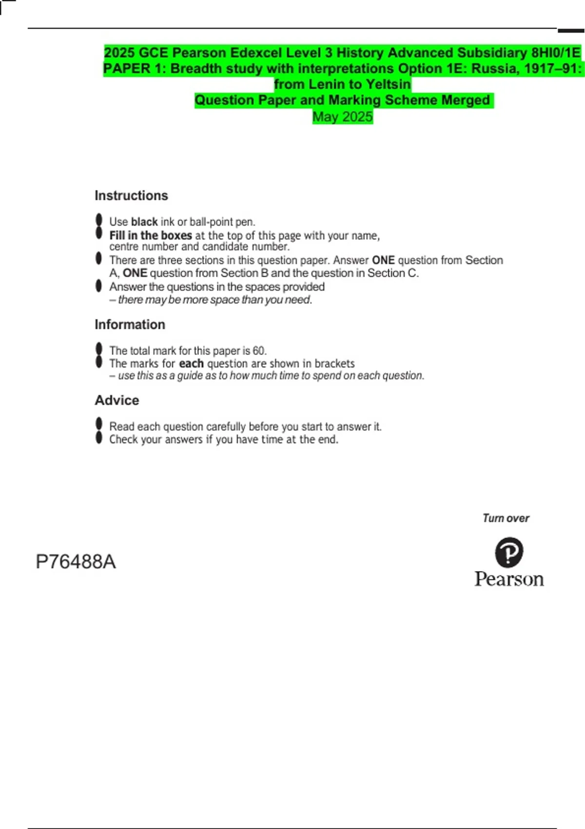 2025 GCE Pearson Edexcel Level 3 History Advanced Subsidiary 8HI0/1E ...