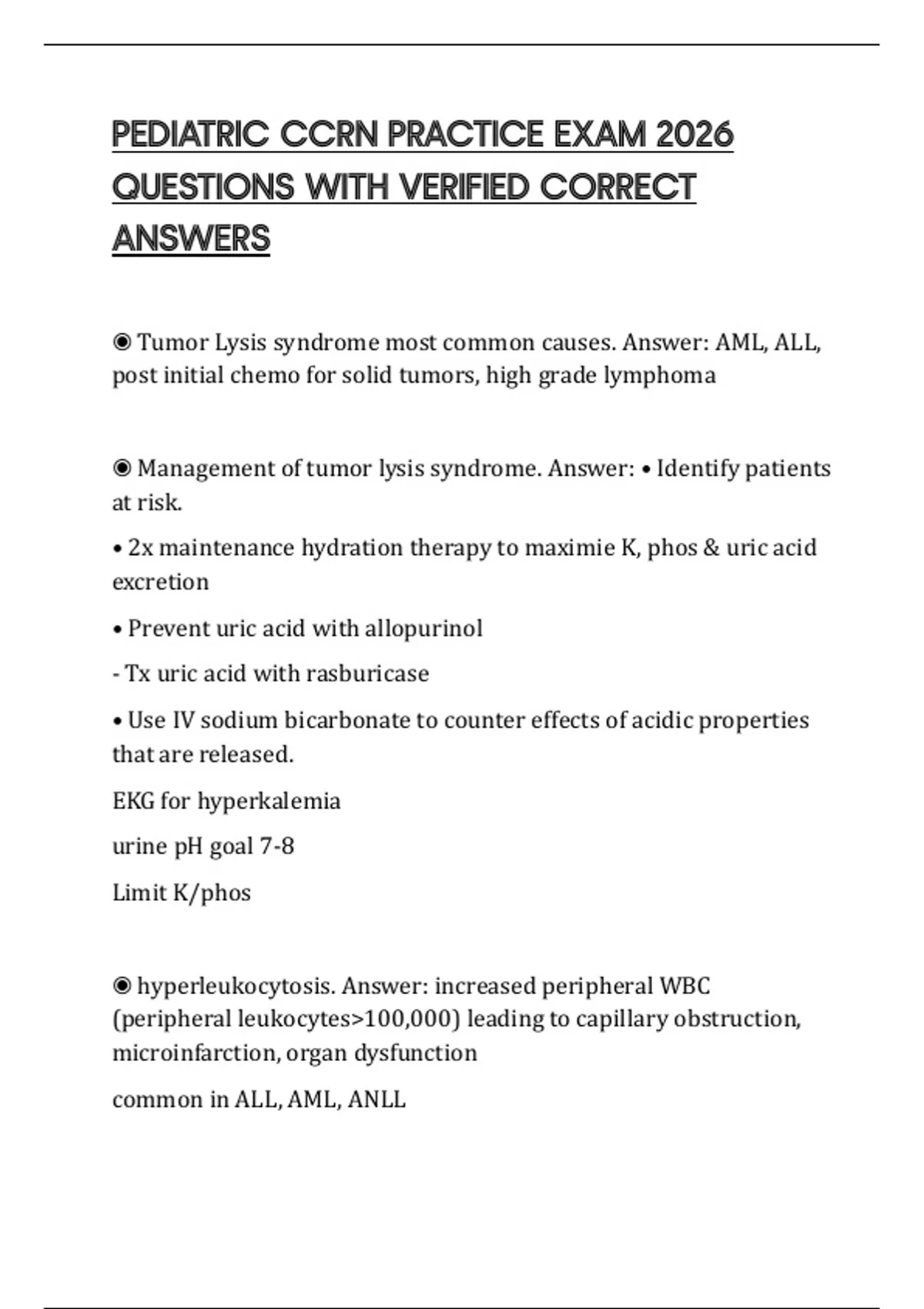PEDIATRIC CCRN PRACTICE EXAM 2026 QUESTIONS WITH VERIFIED CORRECT ...