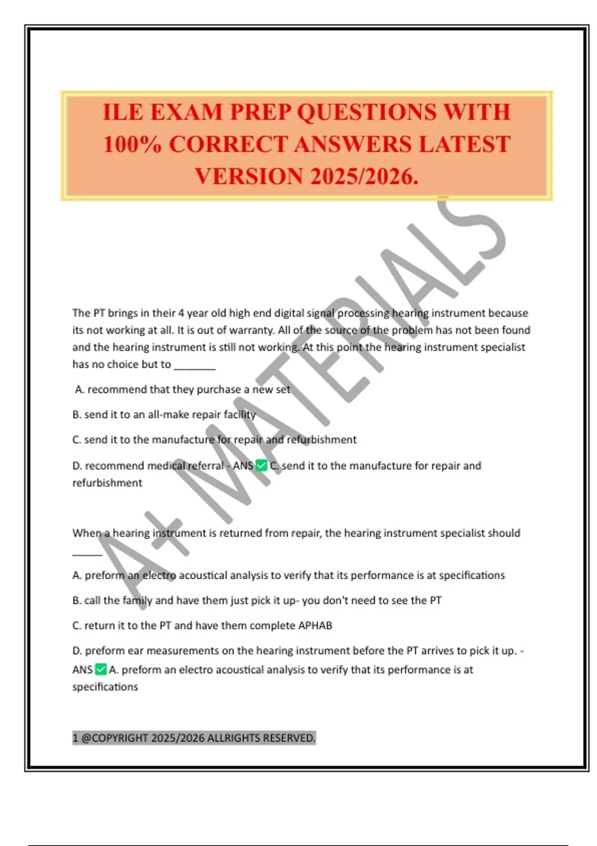 ILE EXAM PREP QUESTIONS WITH 100% CORRECT ANSWERS LATEST VERSION 2025/ ...