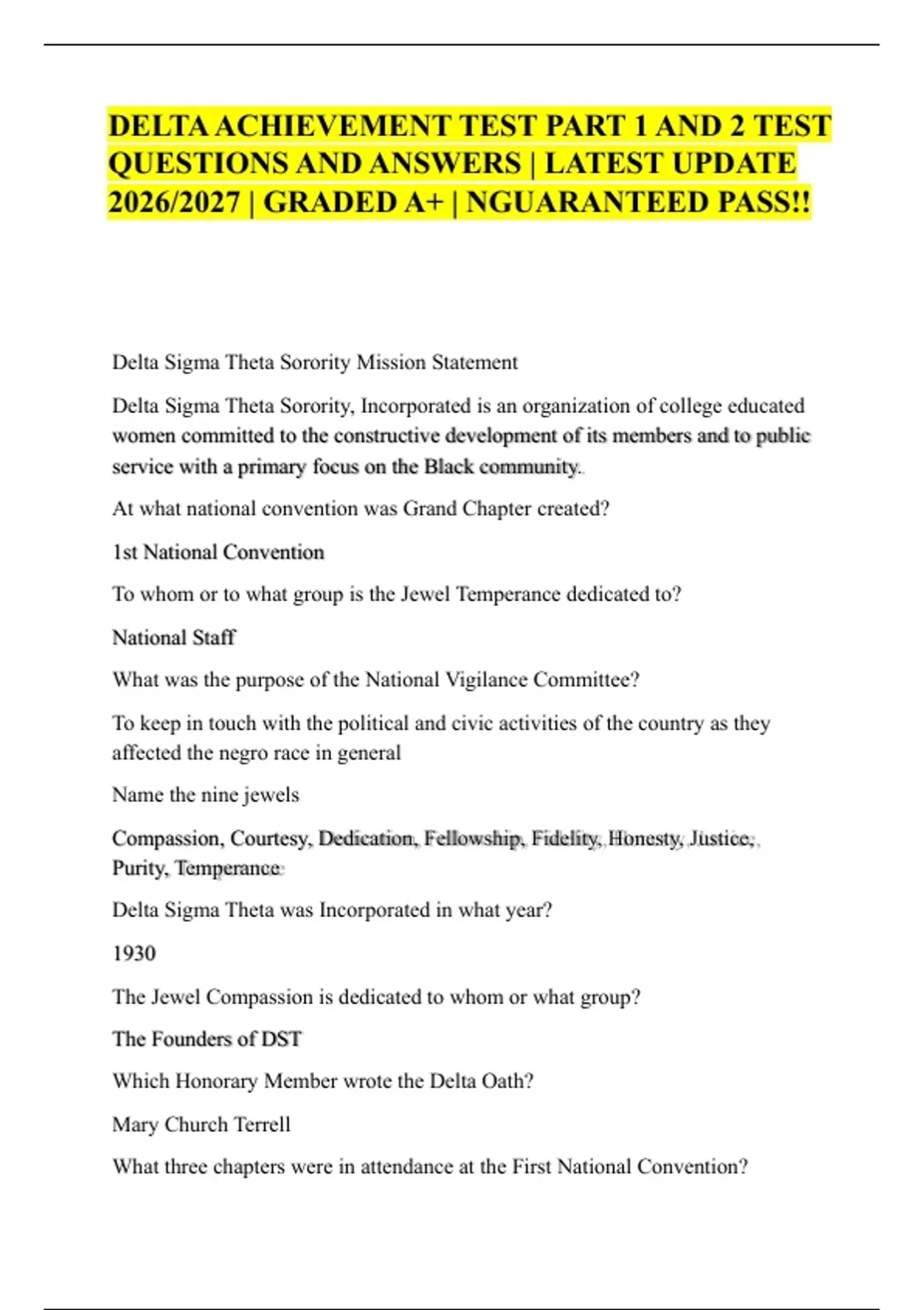 DELTA ACHIEVEMENT TEST PART 1 AND 2 TEST QUESTIONS AND ANSWERS | LATEST ...